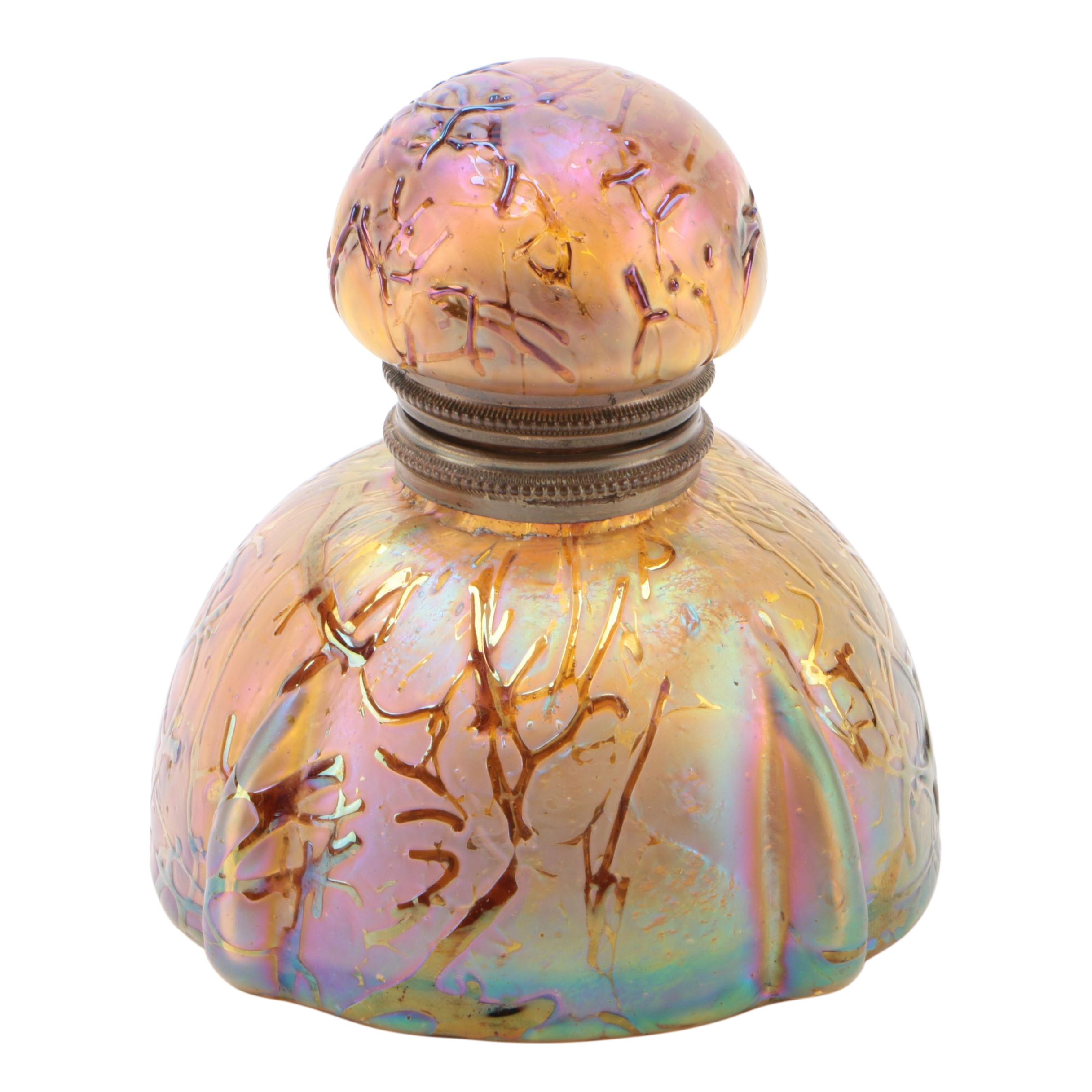 Iridescent Art Glass Inkwell with Hinged Lid, Early to Mid 20th Century ...