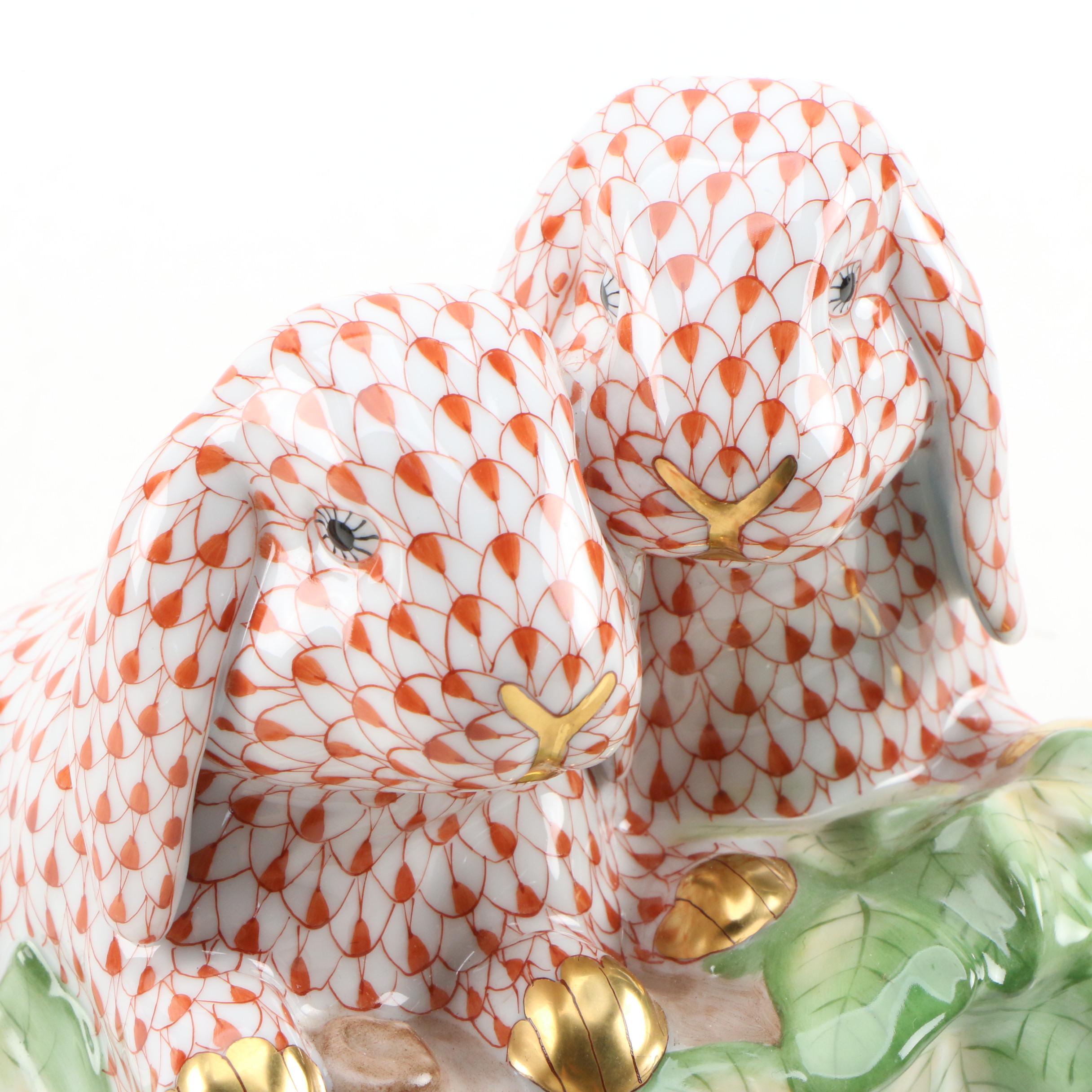 Herend Rust Fishnet with Gold "Bunny Love" Porcelain Figurine ...