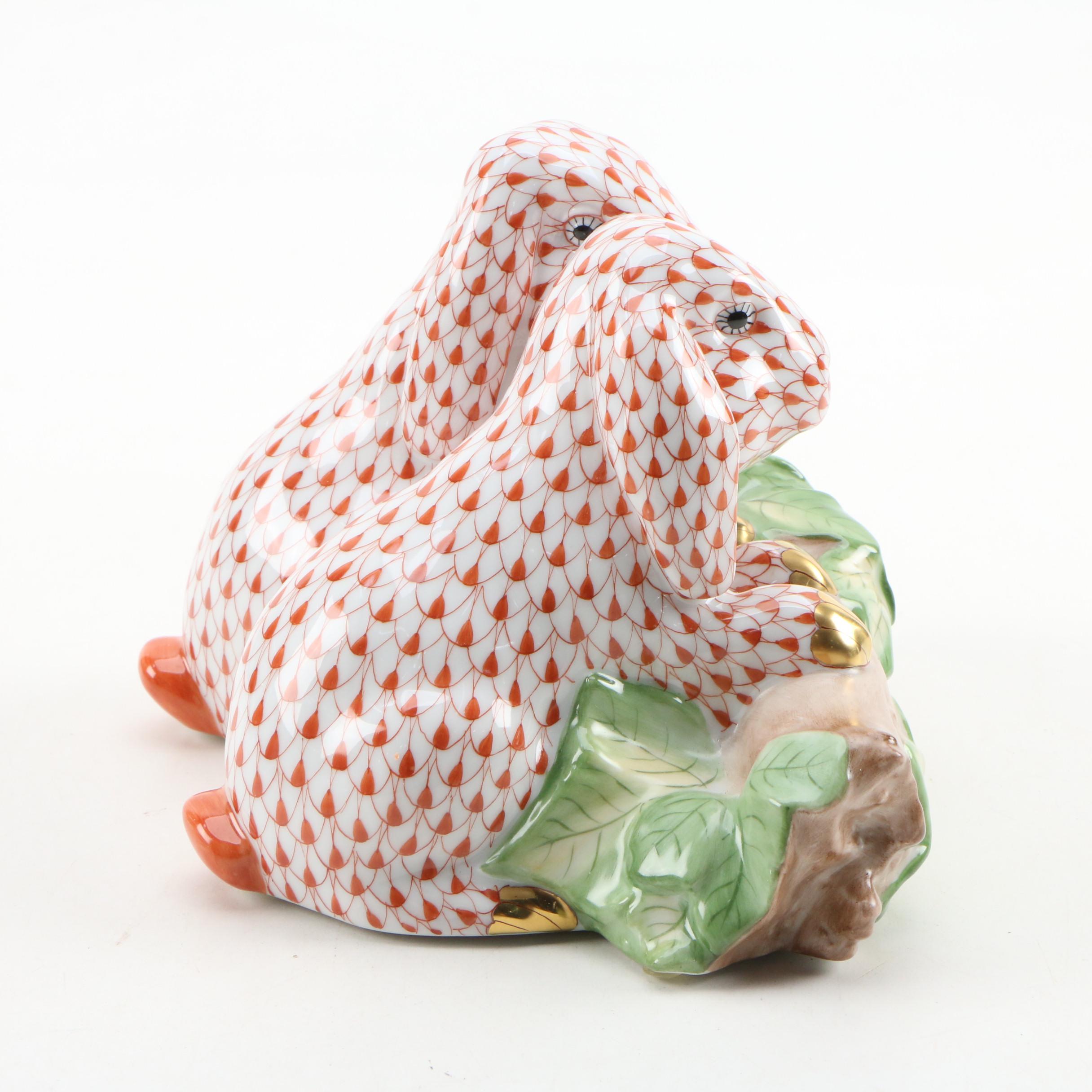 Herend Rust Fishnet with Gold "Bunny Love" Porcelain Figurine ...