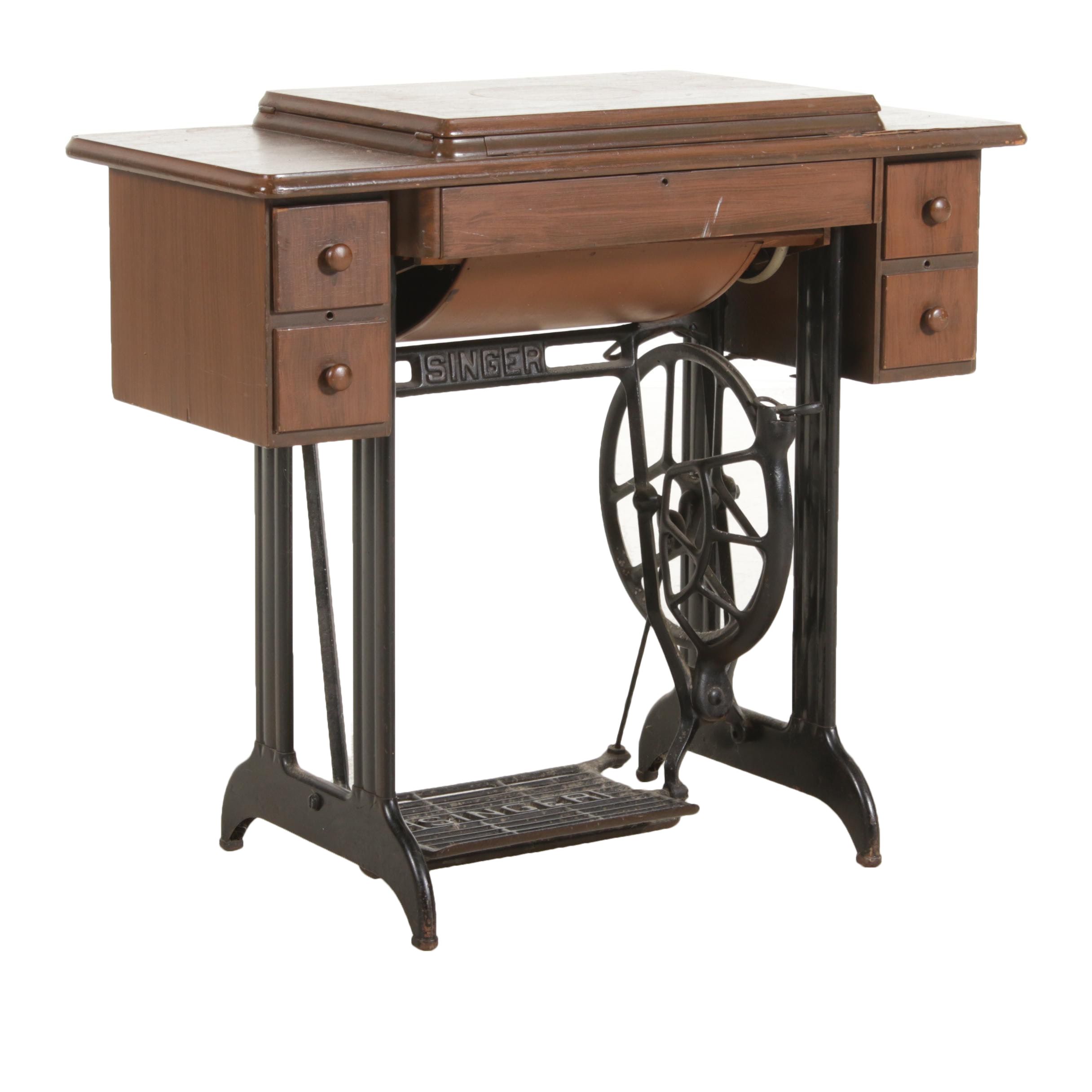 Singer Sewing Machine Wood and Cast Iron Cabinet Table | EBTH