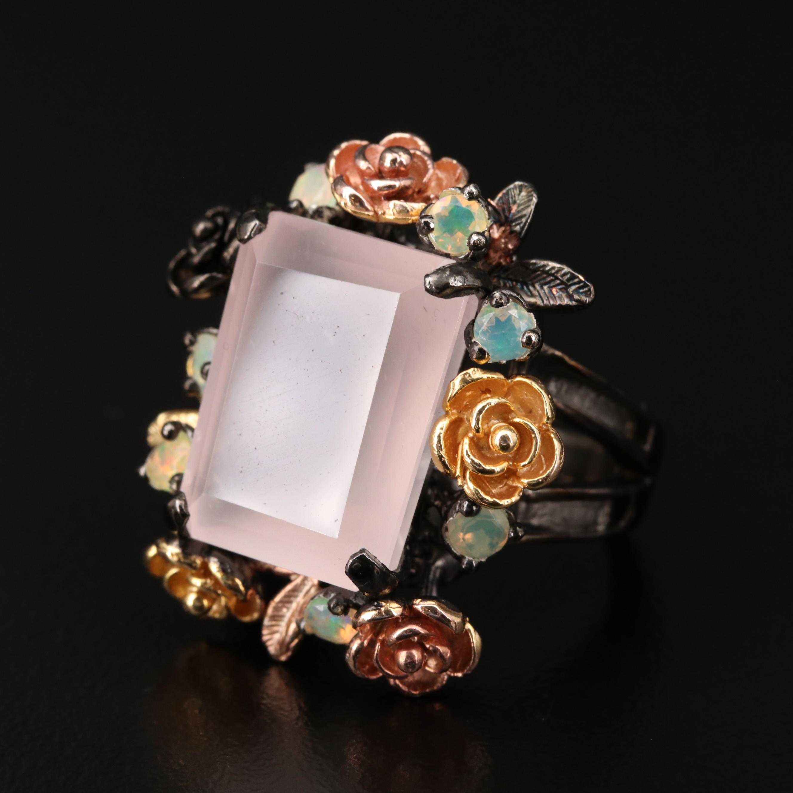 Sterling Silver Rose Quartz and Opal Flower Ring | EBTH