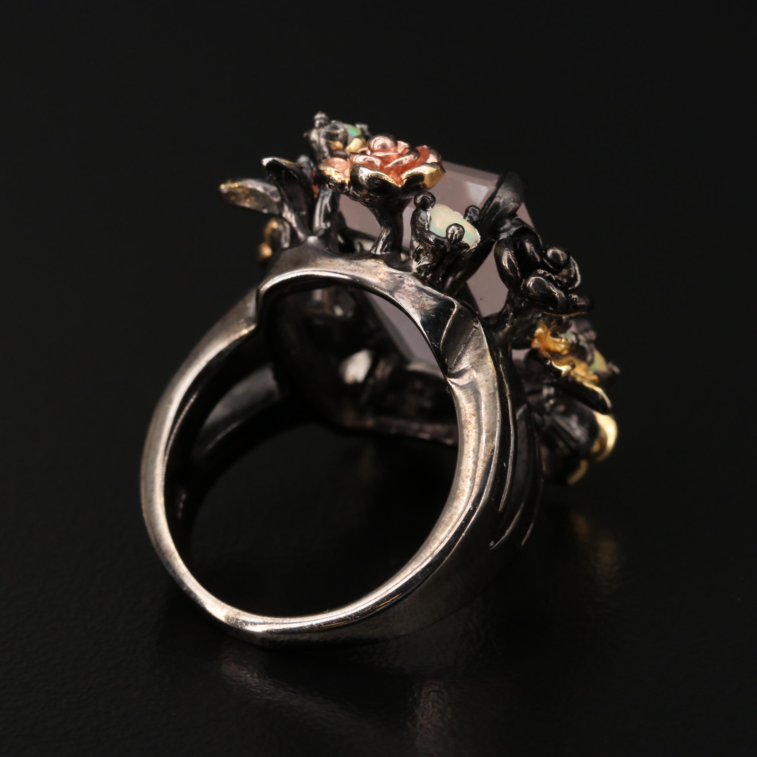 Sterling Silver Rose Quartz and Opal Flower Ring | EBTH