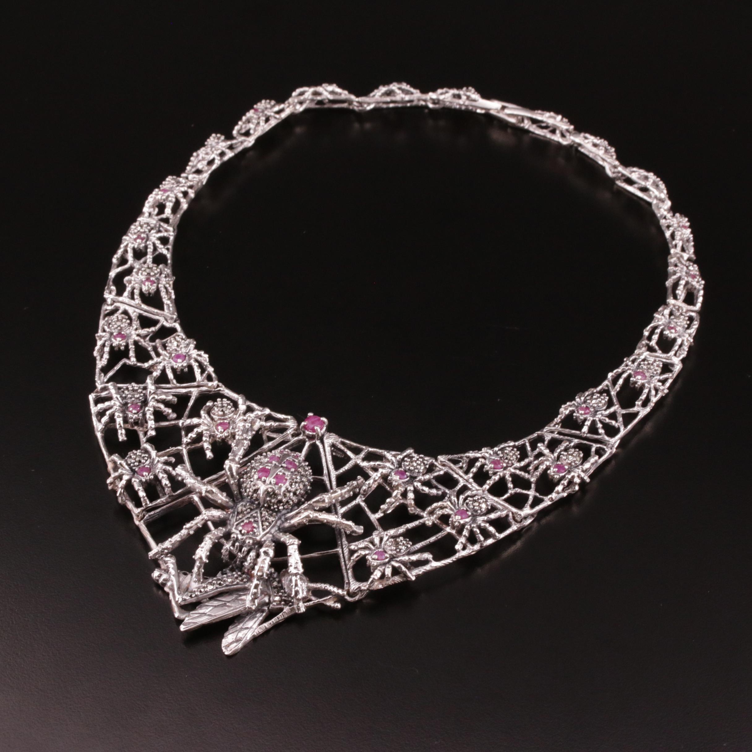 Sterling Silver Ruby and Marcasite Spider Necklace With Cascading Web ...
