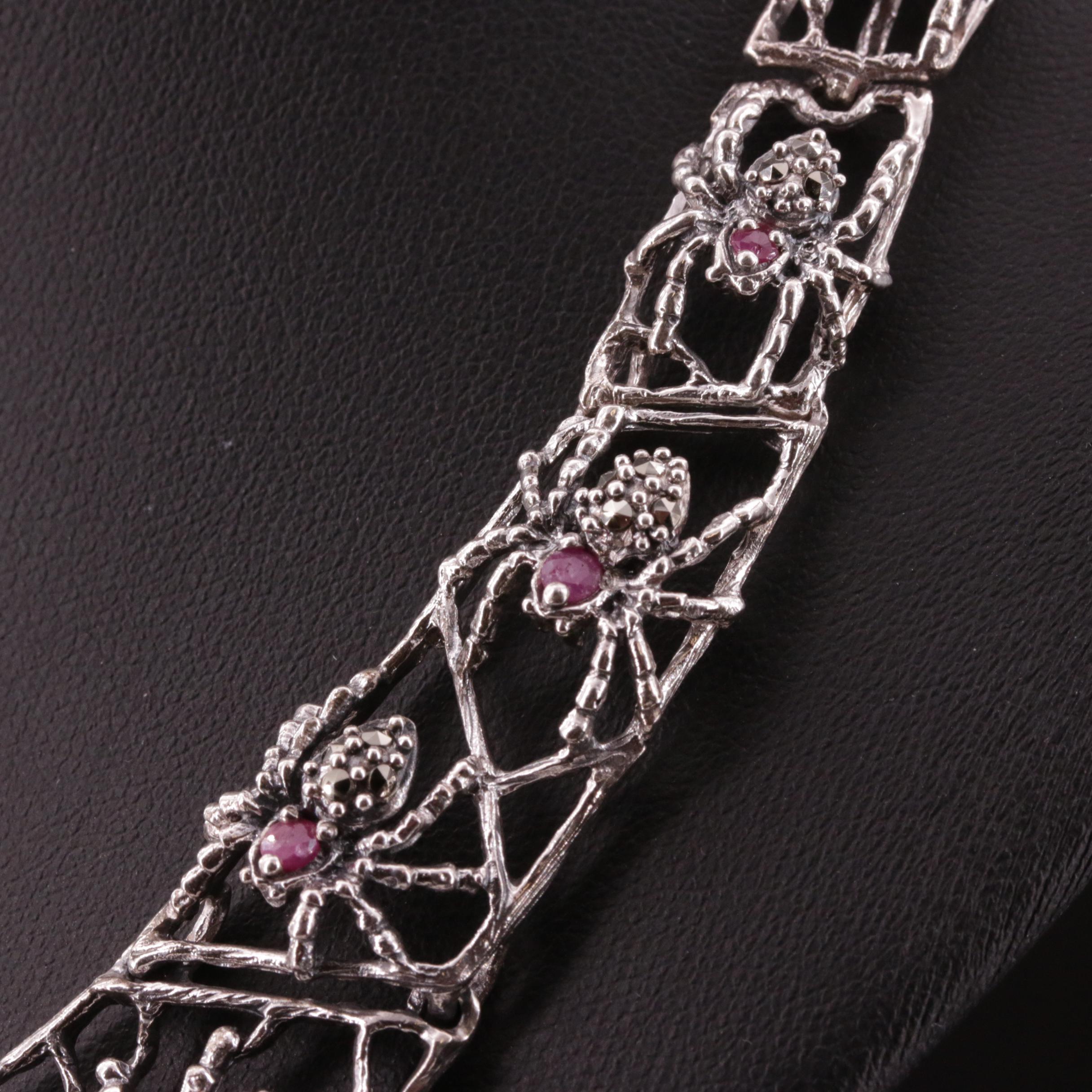 Sterling Silver Ruby and Marcasite Spider Necklace With Cascading Web ...