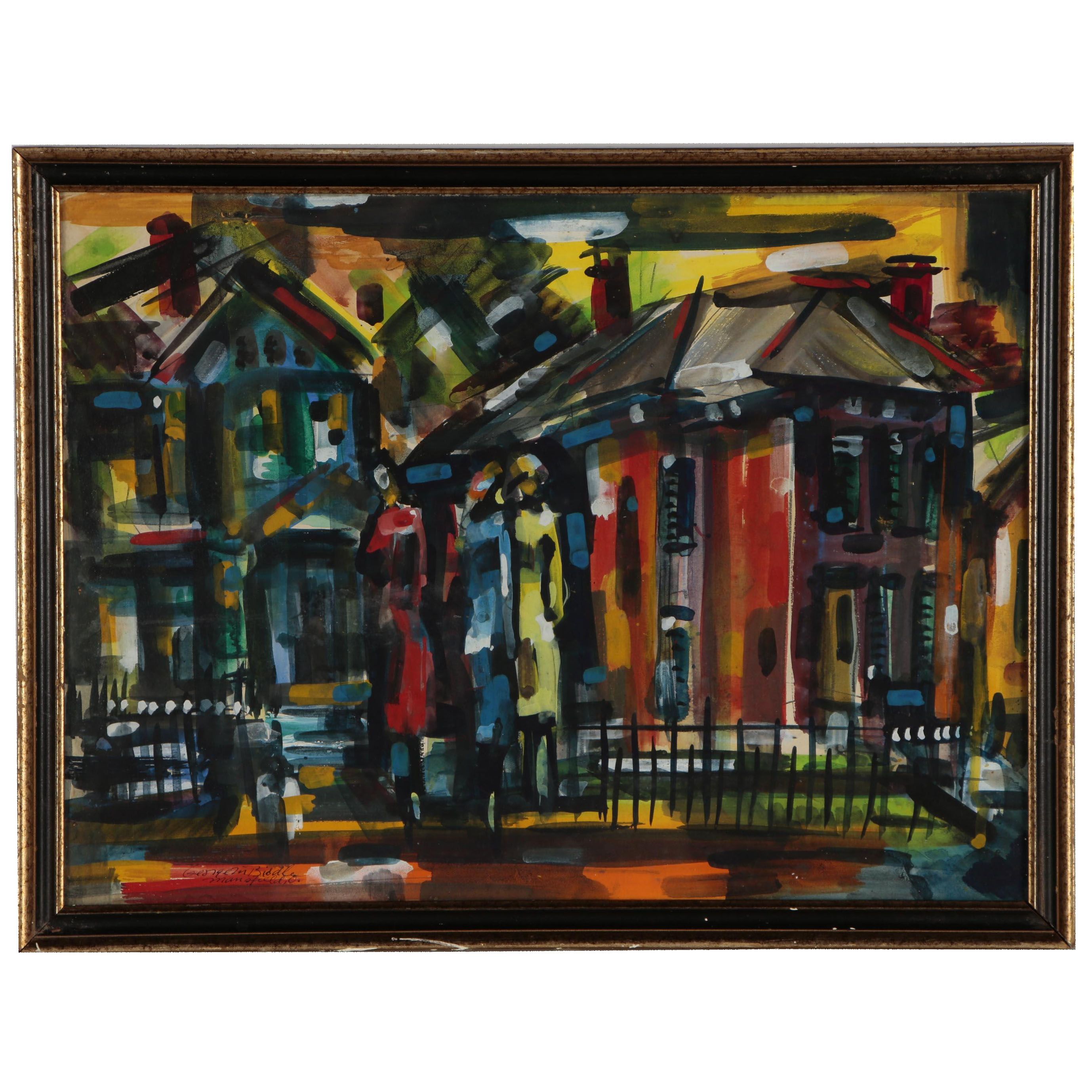 George Biddle Abstract Embellished Watercolor Painting, Mid-Late 20th ...