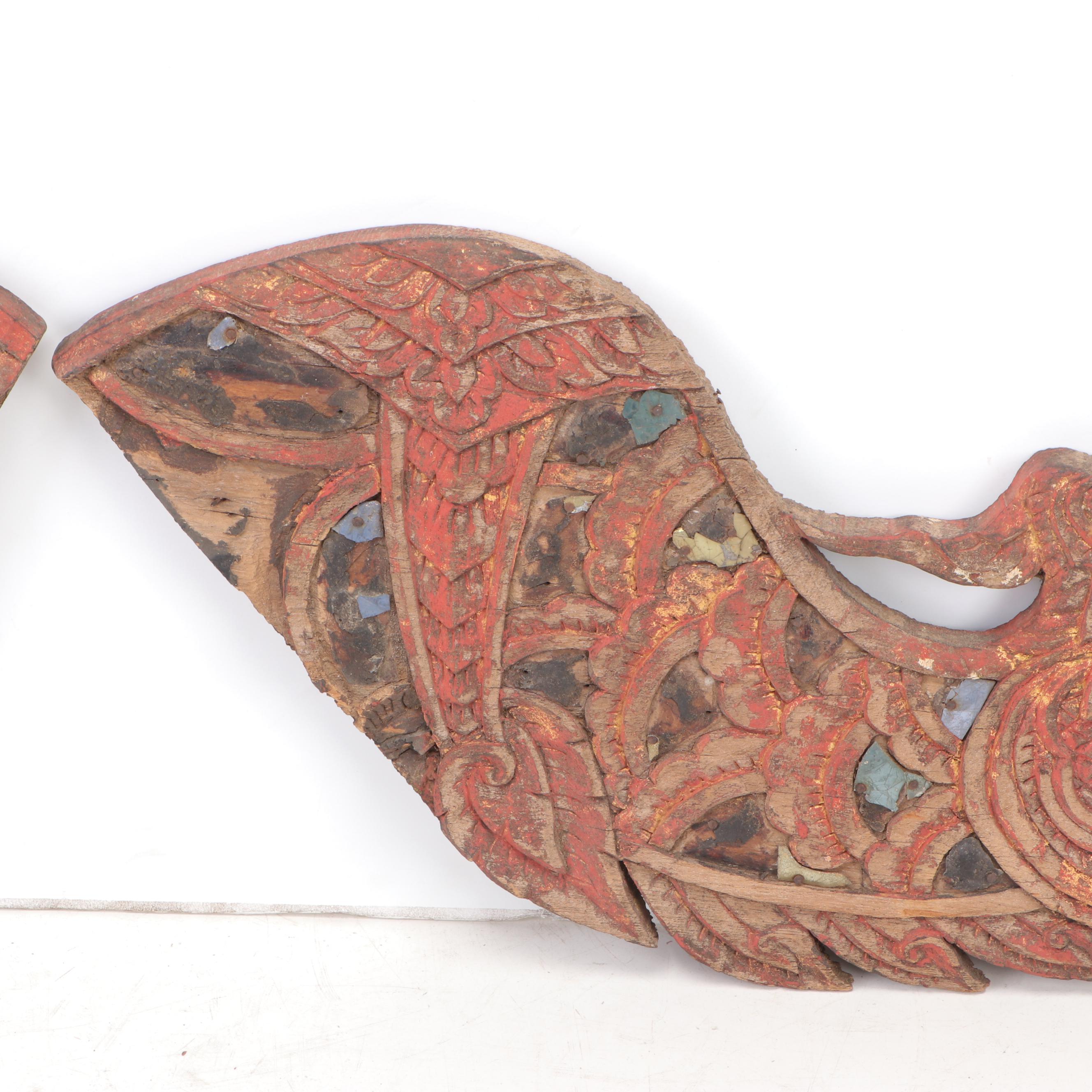 Thai Carved Polychrome Wood with Glass Inlay Naga Roof Ornaments | EBTH