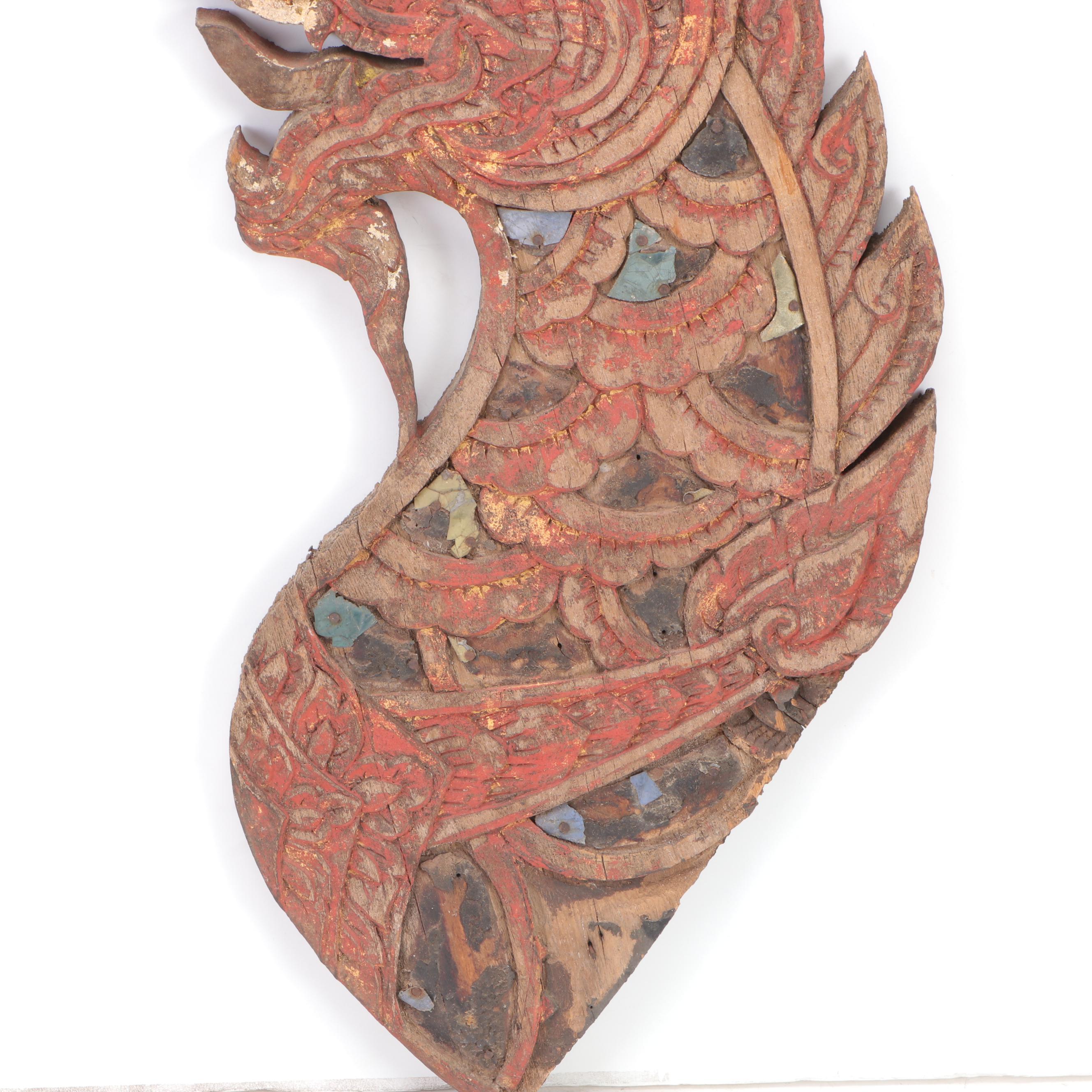Thai Carved Polychrome Wood with Glass Inlay Naga Roof Ornaments | EBTH