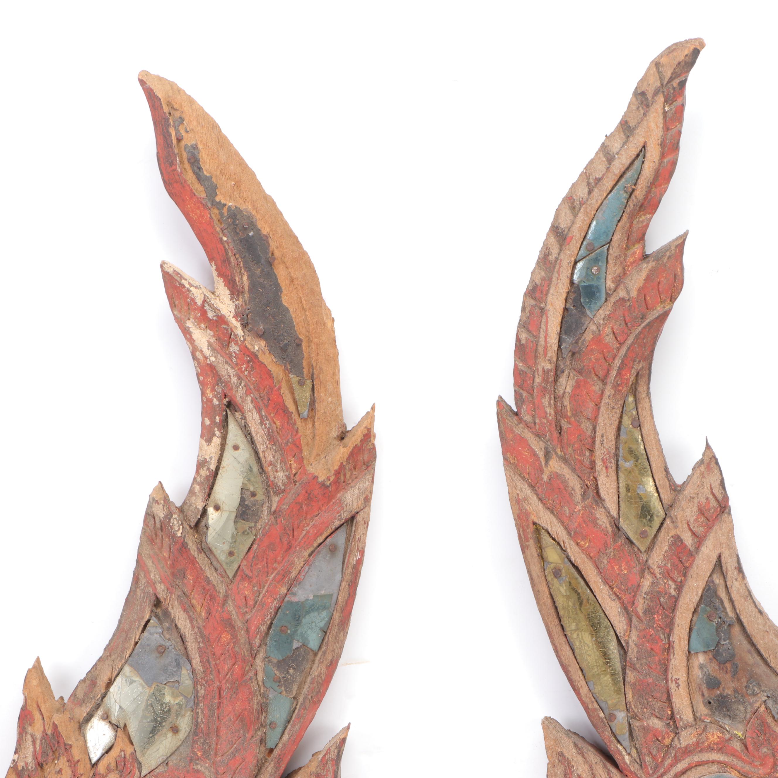 Thai Carved Polychrome Wood with Glass Inlay Naga Roof Ornaments | EBTH