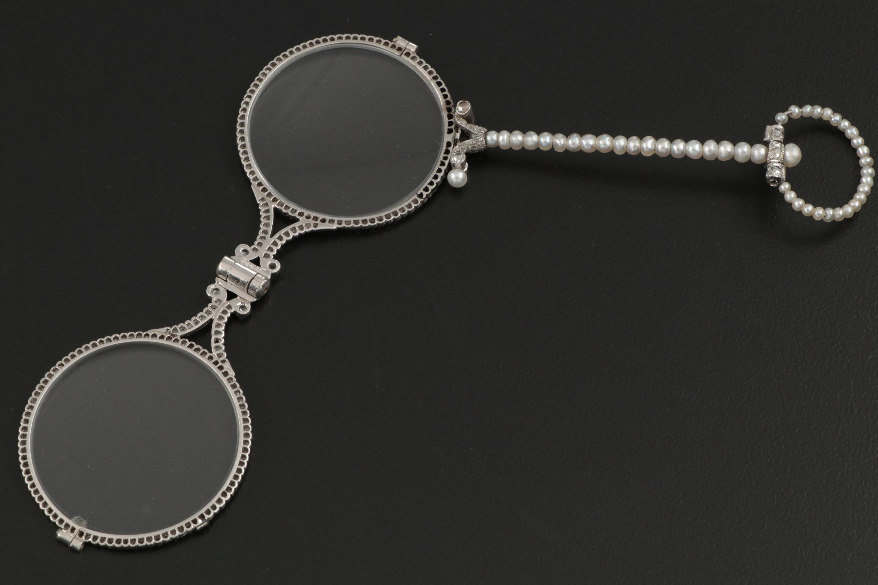 Platinum Lorgnettes with Rose Cut Diamonds and Seed Pearls, Antique | EBTH