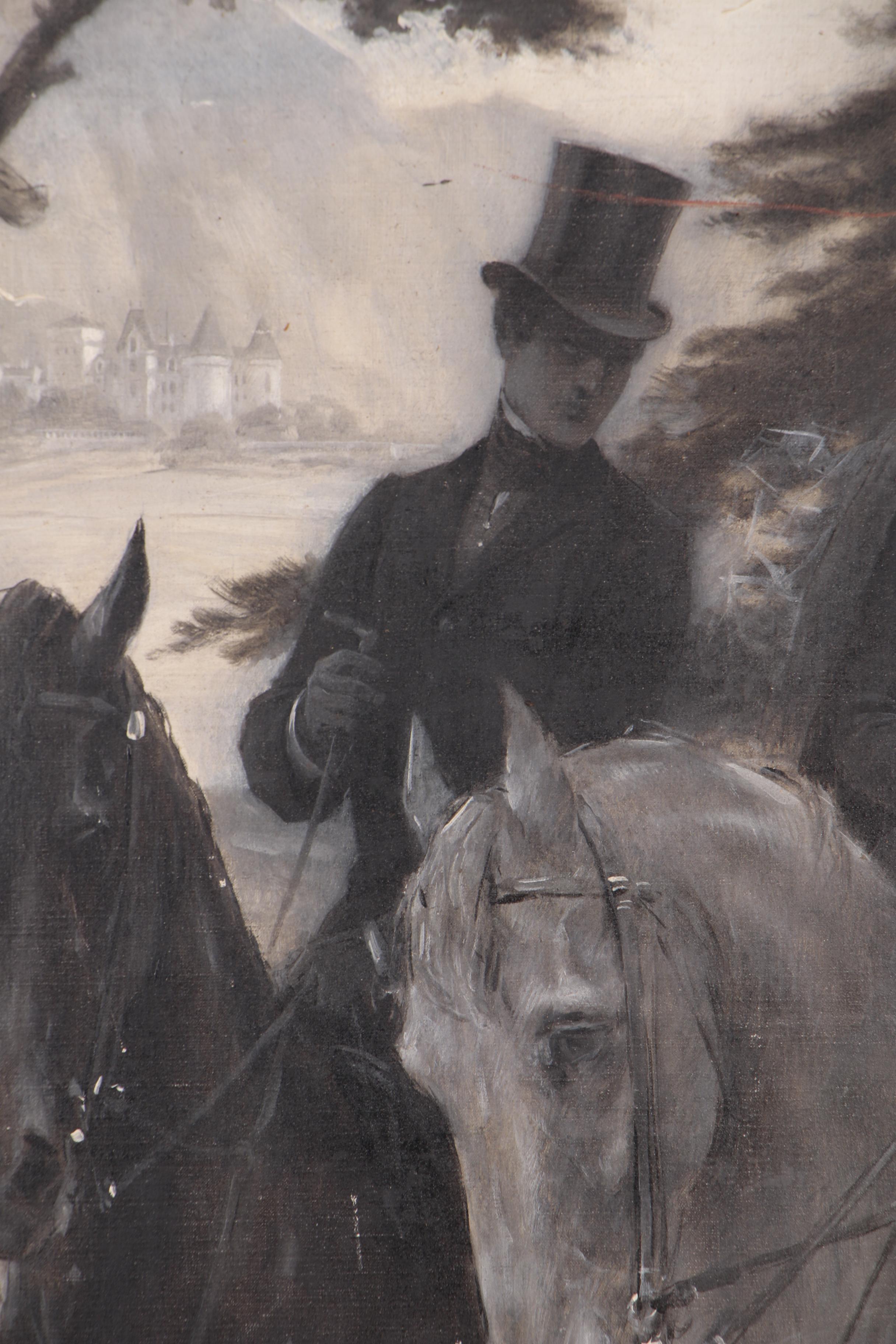 Andre Castaigne Grisaille Oil Painting of Man and Woman on Horseback ...