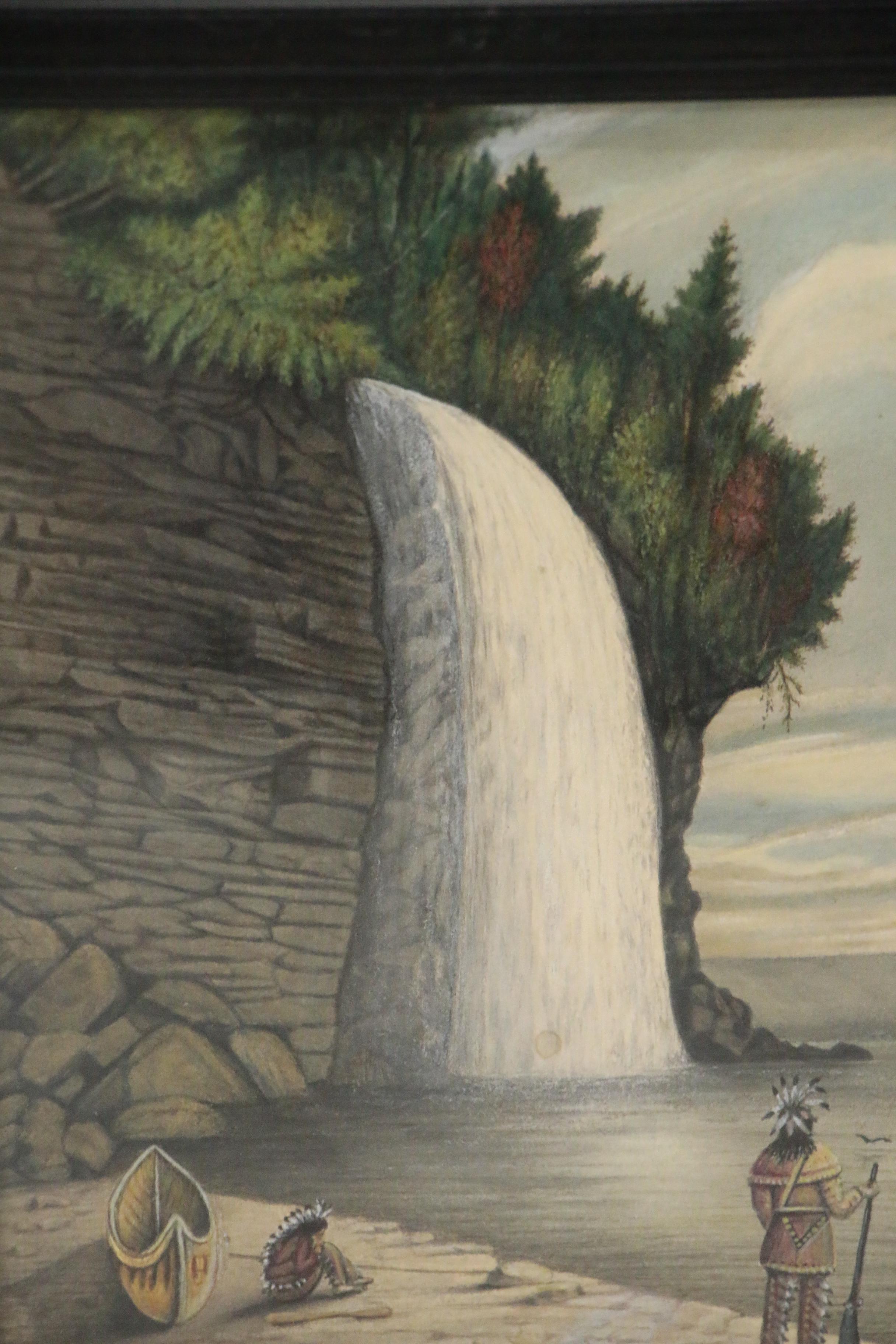 Naive Watercolor Painting of Native Americans Banked Near Waterfall | EBTH