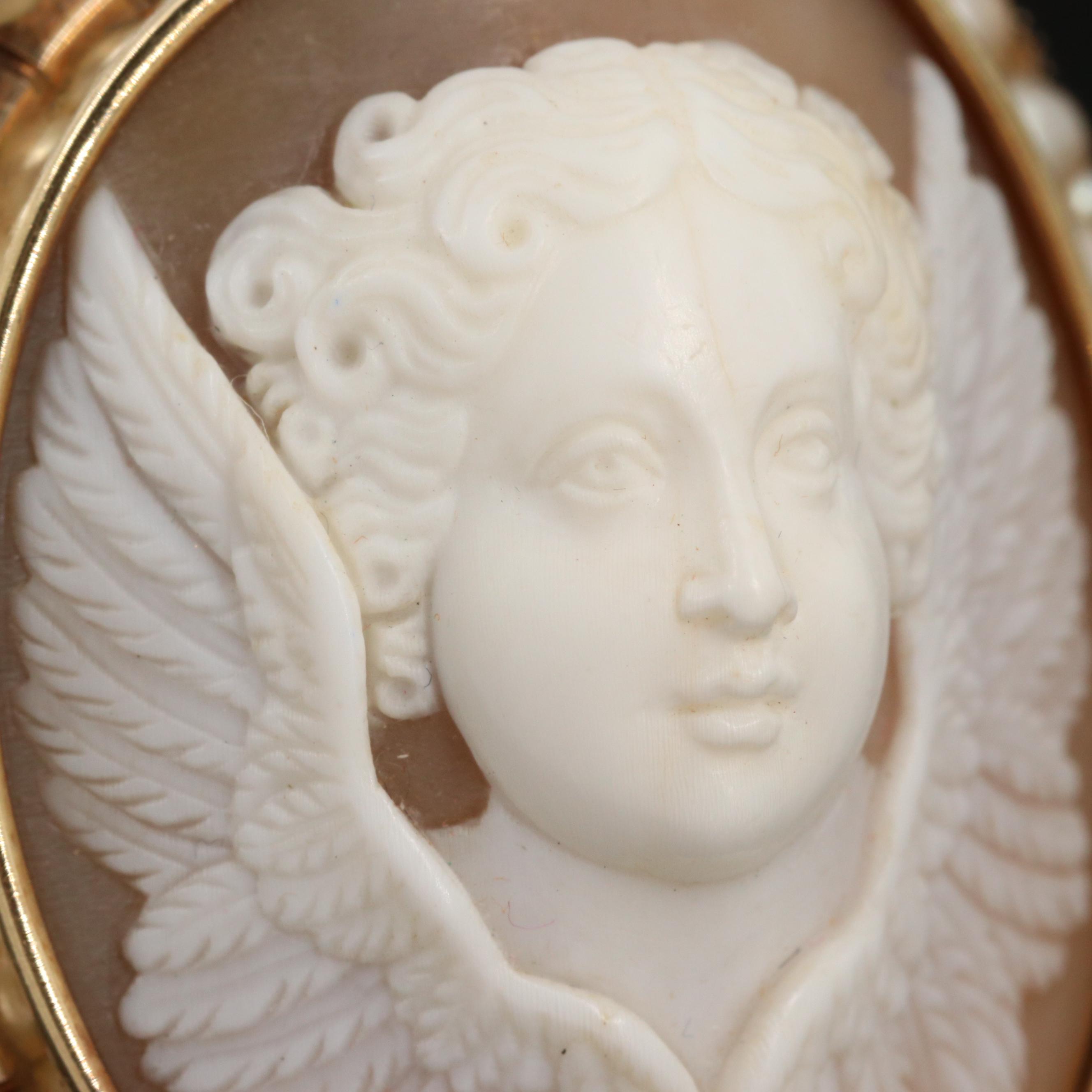 Victorian 14K Shell and Pearl Angel Cameo Brooch | Everything But The House