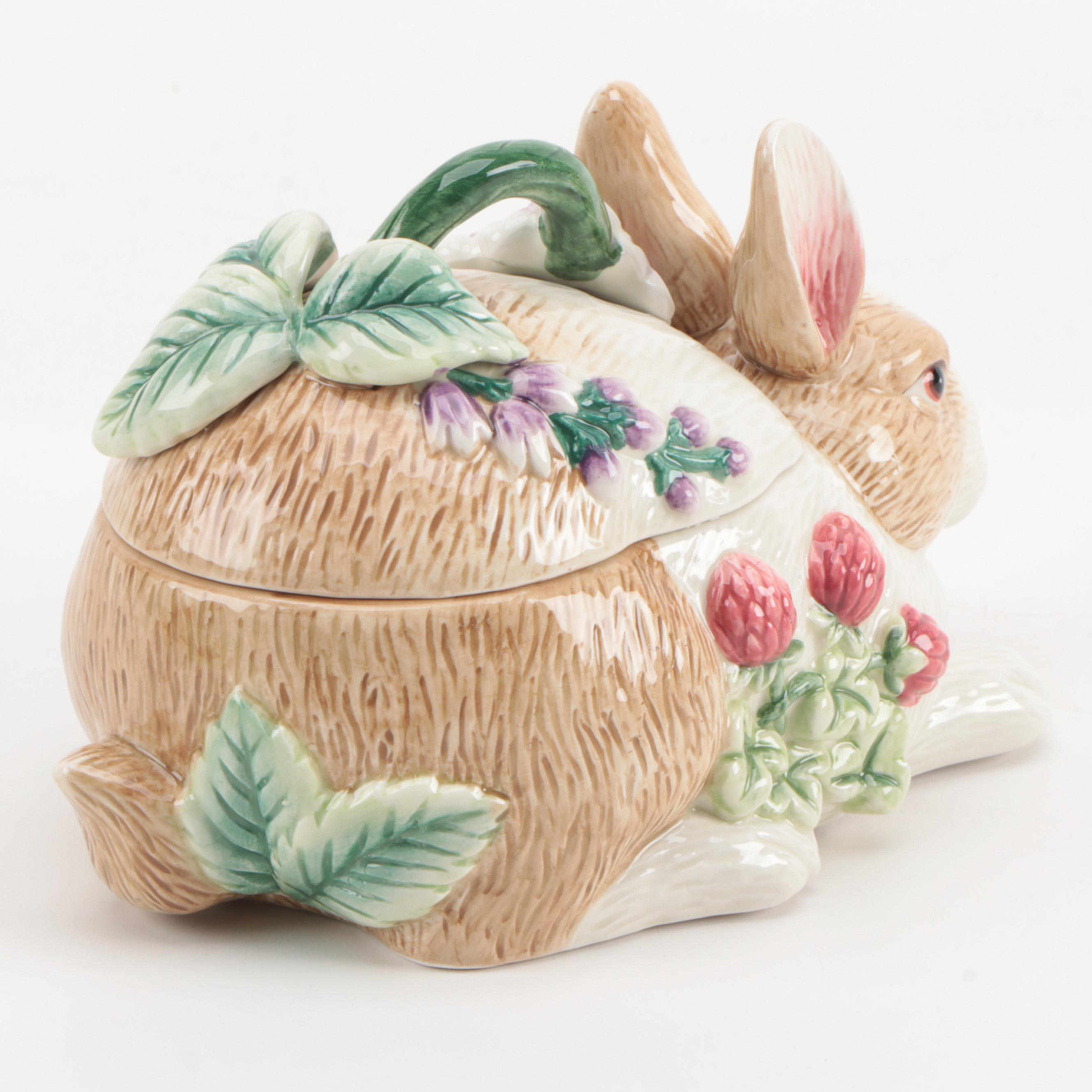 Fitz and Floyd "Botanical Bunny" Box with "Spotted Rabbit" Shakers and ...