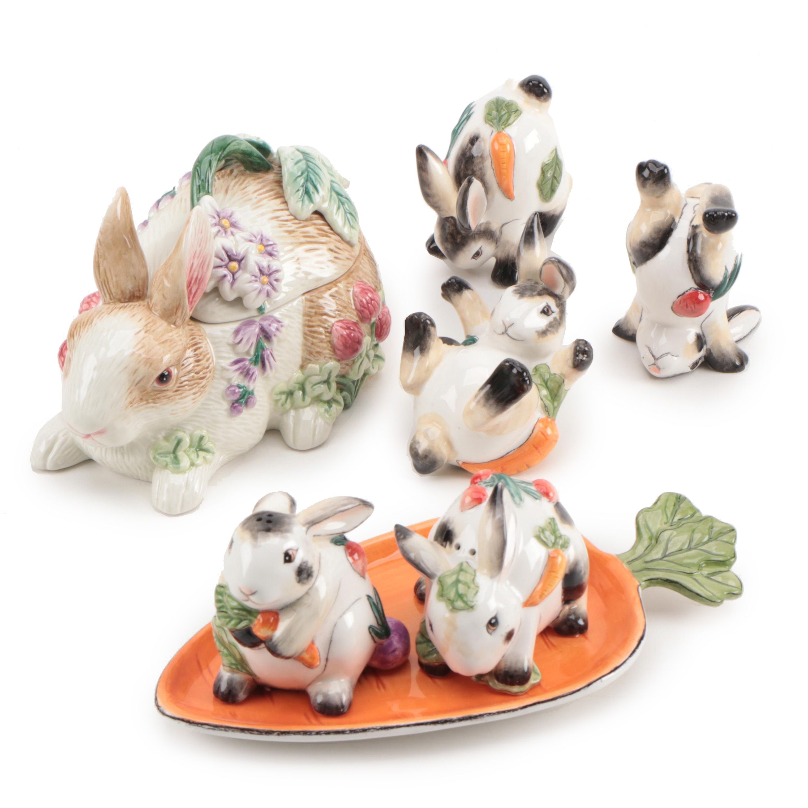 Fitz and Floyd "Botanical Bunny" Box with "Spotted Rabbit" Shakers and ...