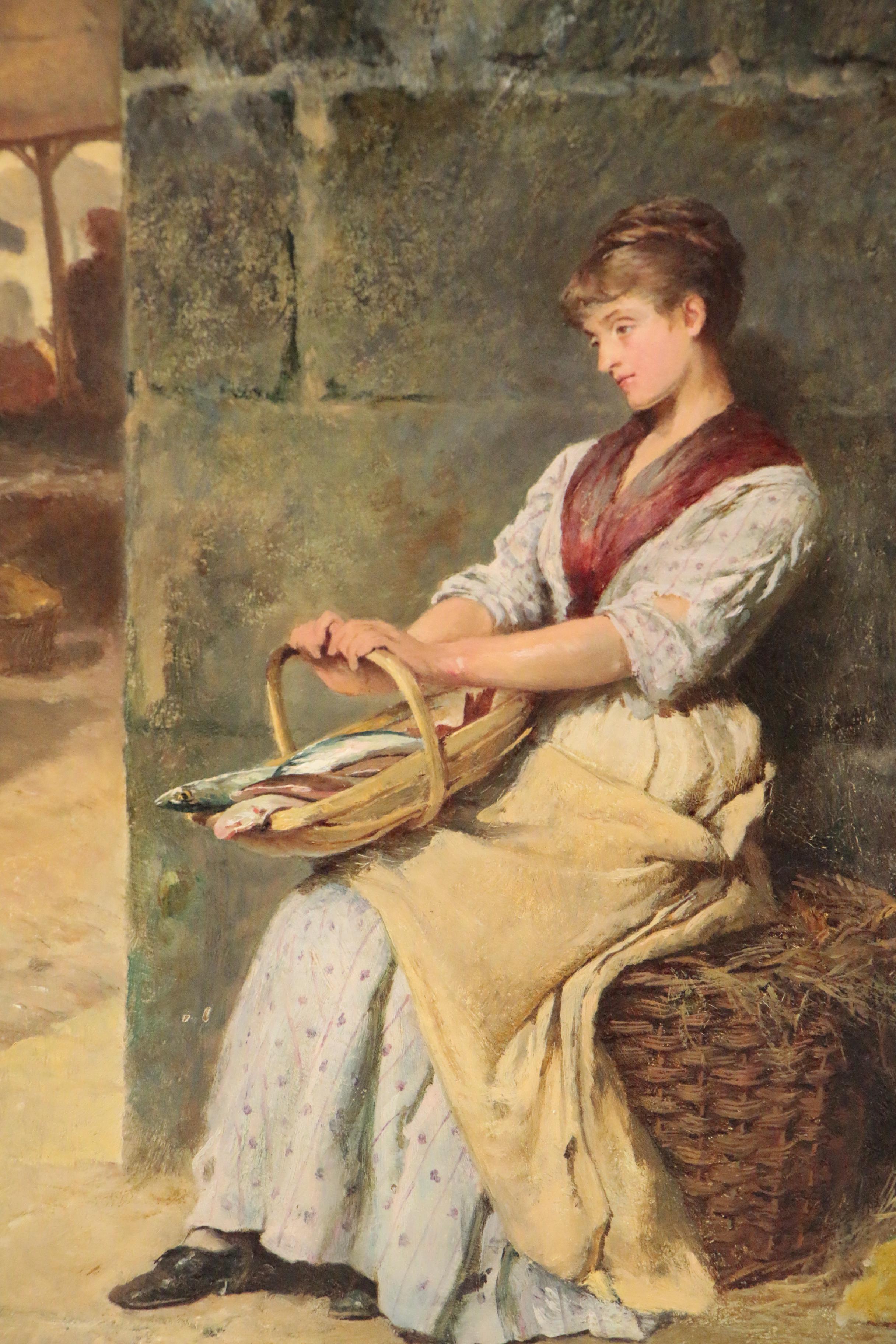 Horace Henry Cauty Genre Oil Painting of Woman with Basket, Late 19th ...
