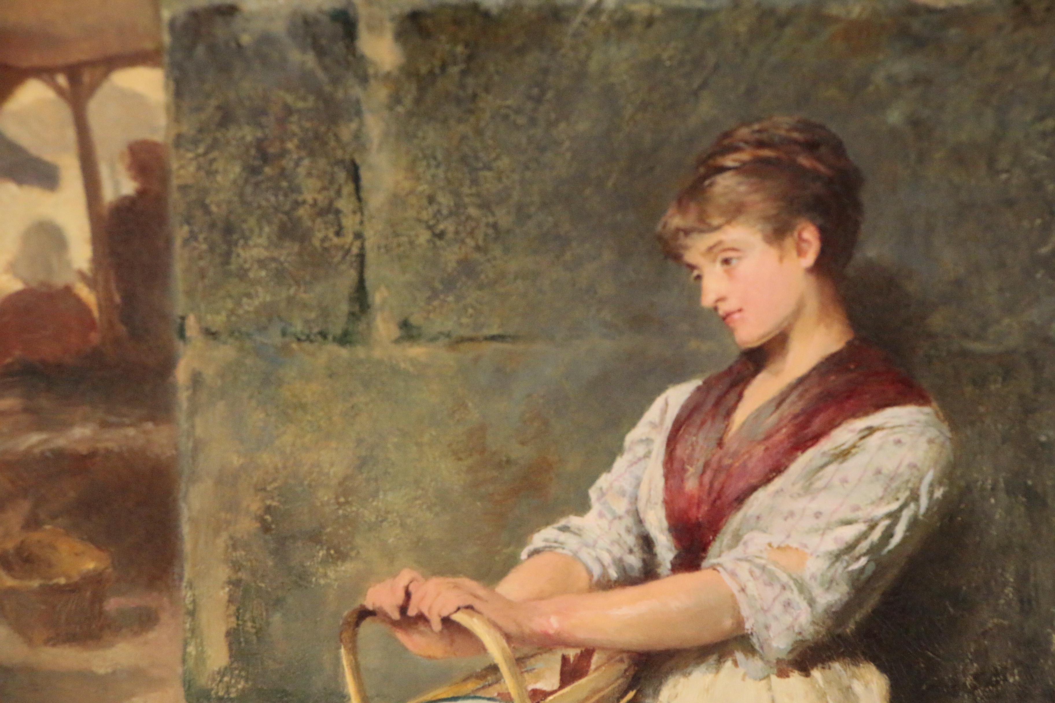 Horace Henry Cauty Genre Oil Painting of Woman with Basket, Late 19th ...