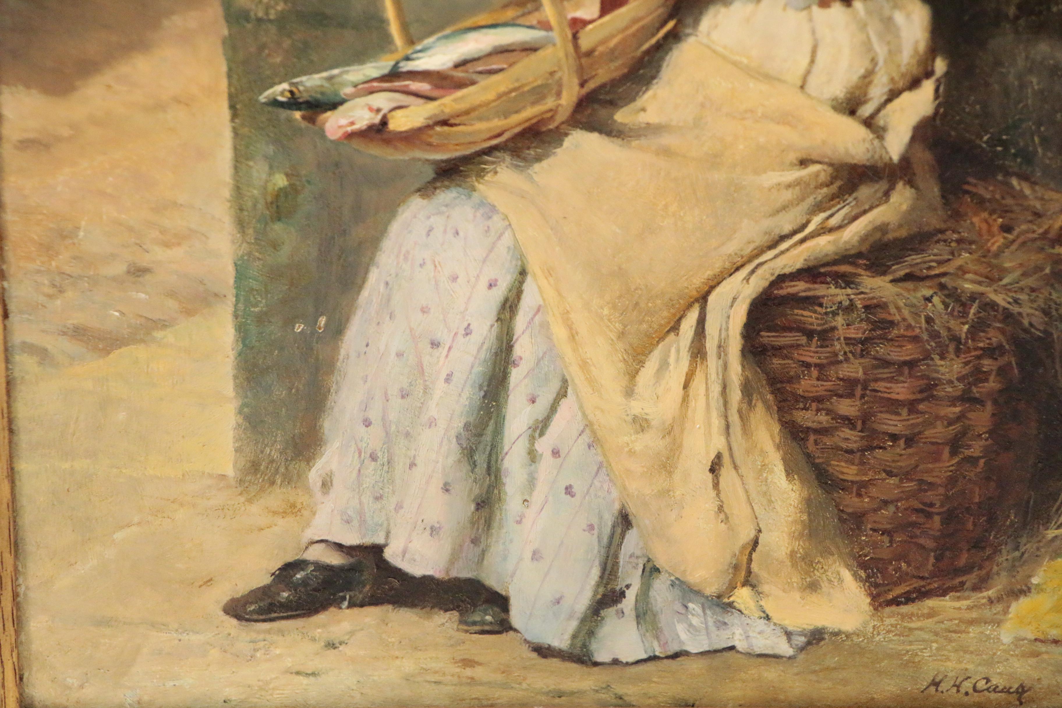 Horace Henry Cauty Genre Oil Painting of Woman with Basket, Late 19th ...