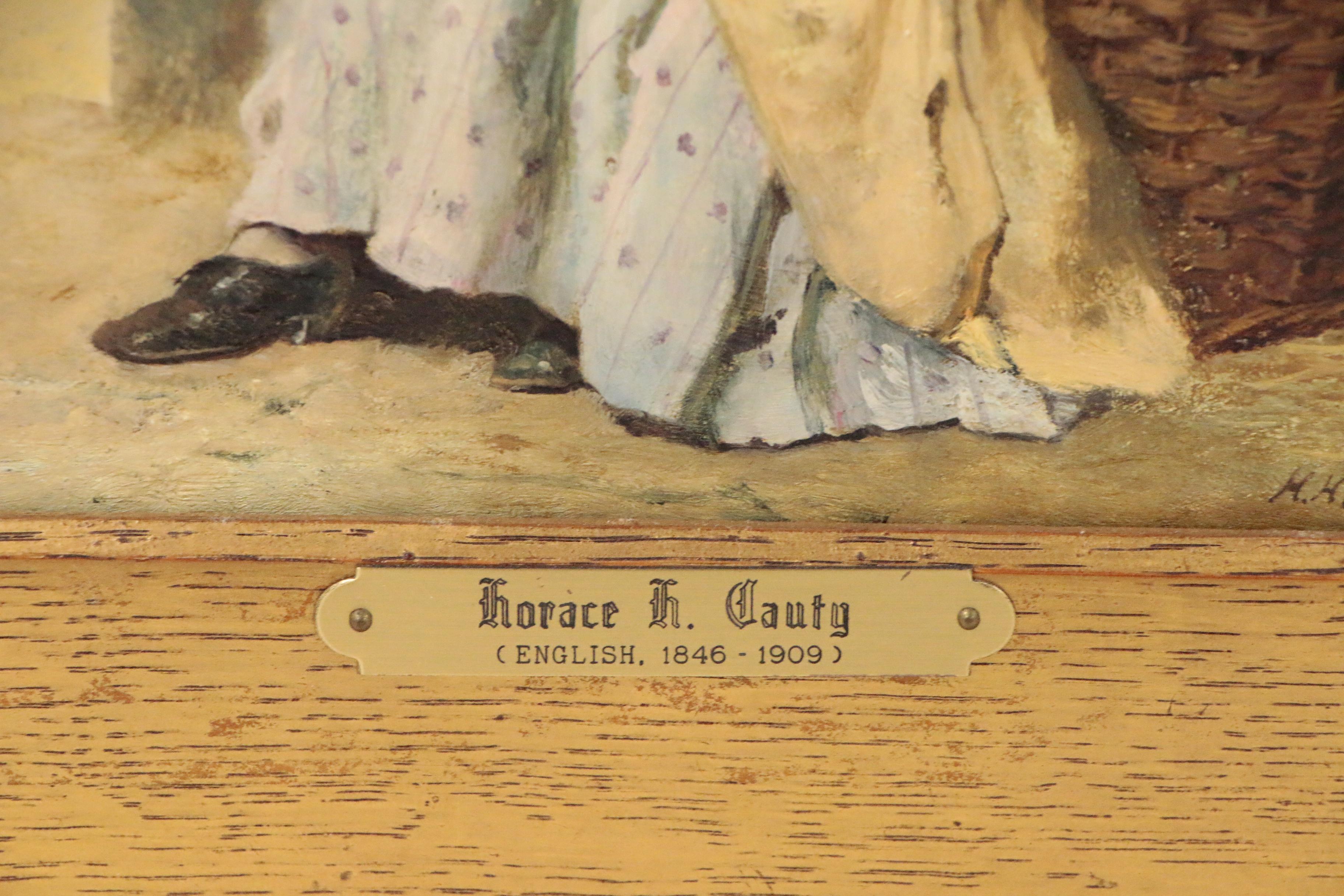 Horace Henry Cauty Genre Oil Painting of Woman with Basket, Late 19th ...