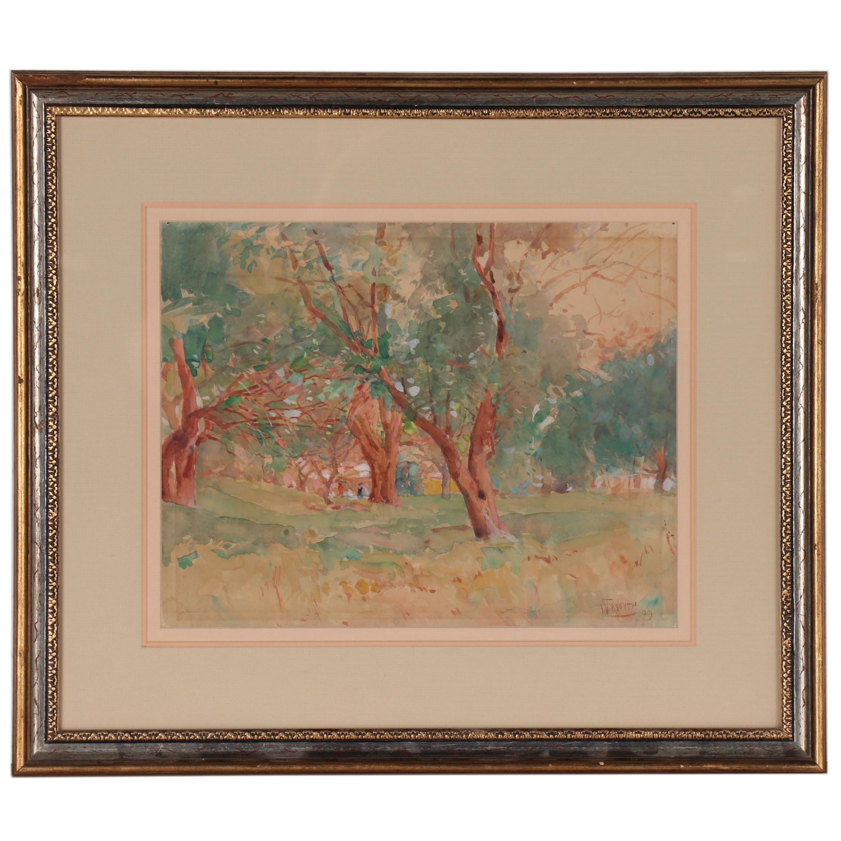 William J. Forsyth Watercolor Painting Grove Landscape with Figures ...