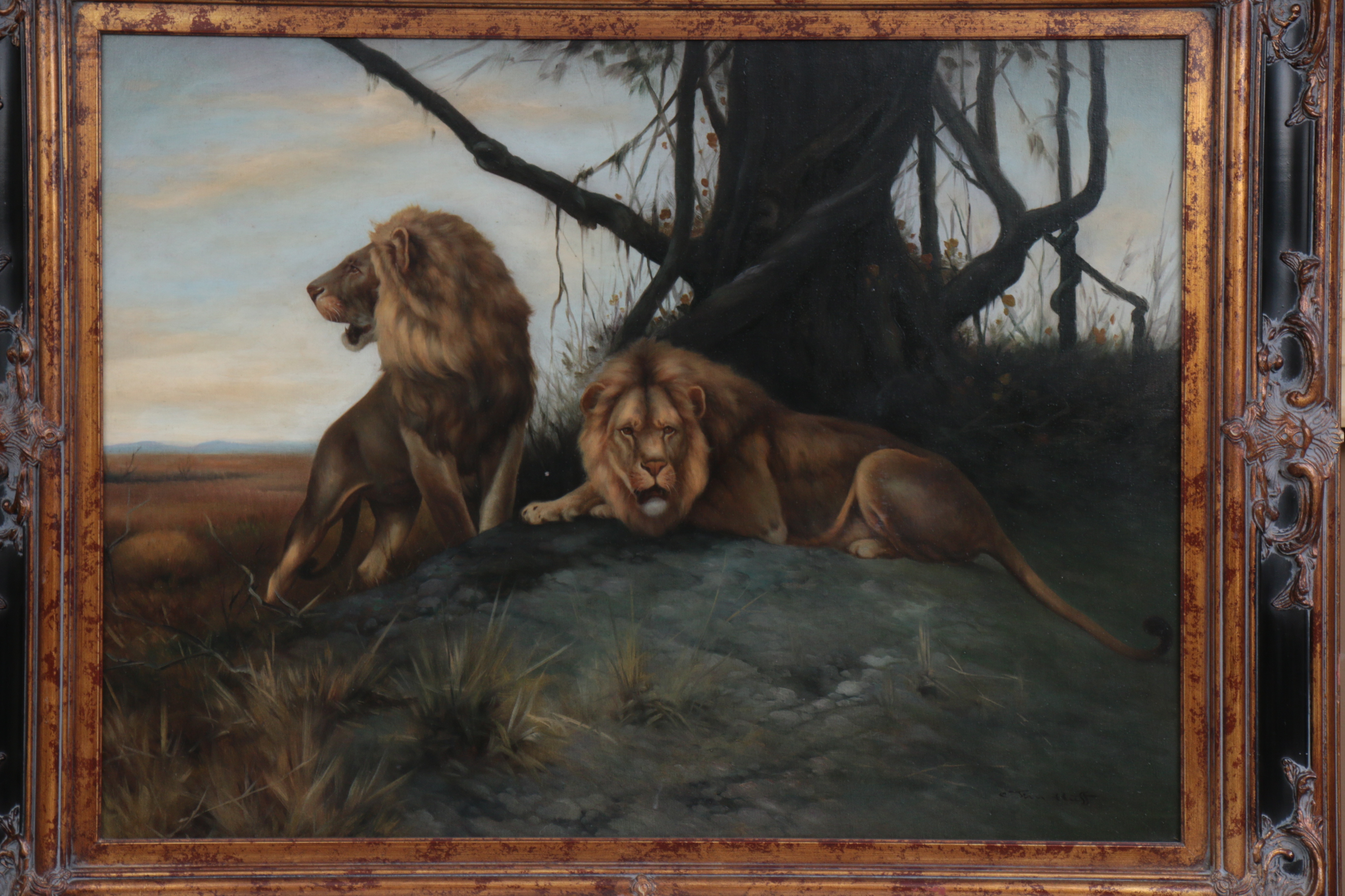 Jim Huff Oil Painting of Lions, Late 20th Century | EBTH