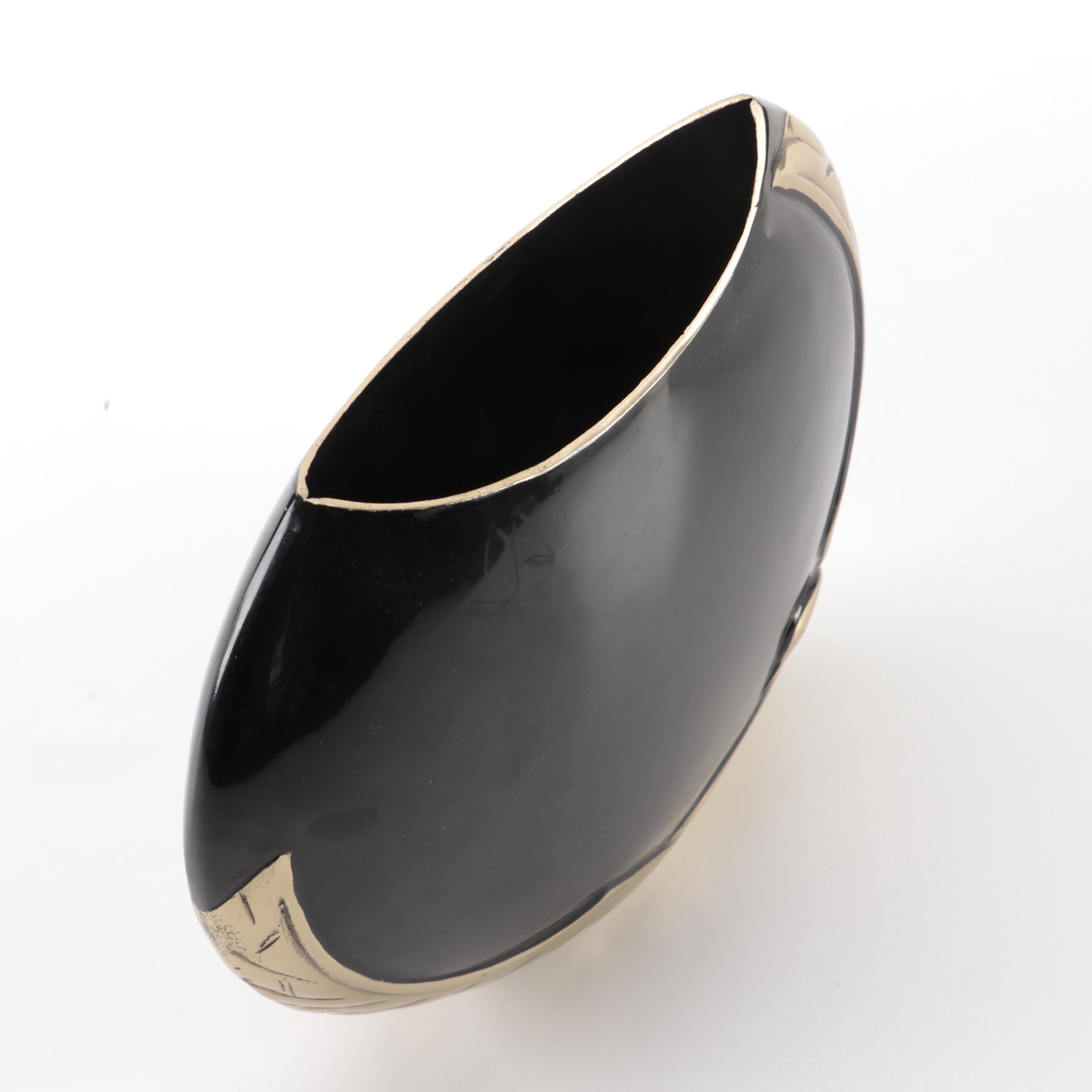 Art Deco Style Black Enameled Disc Form Vase with Brass Swan Overlay ...