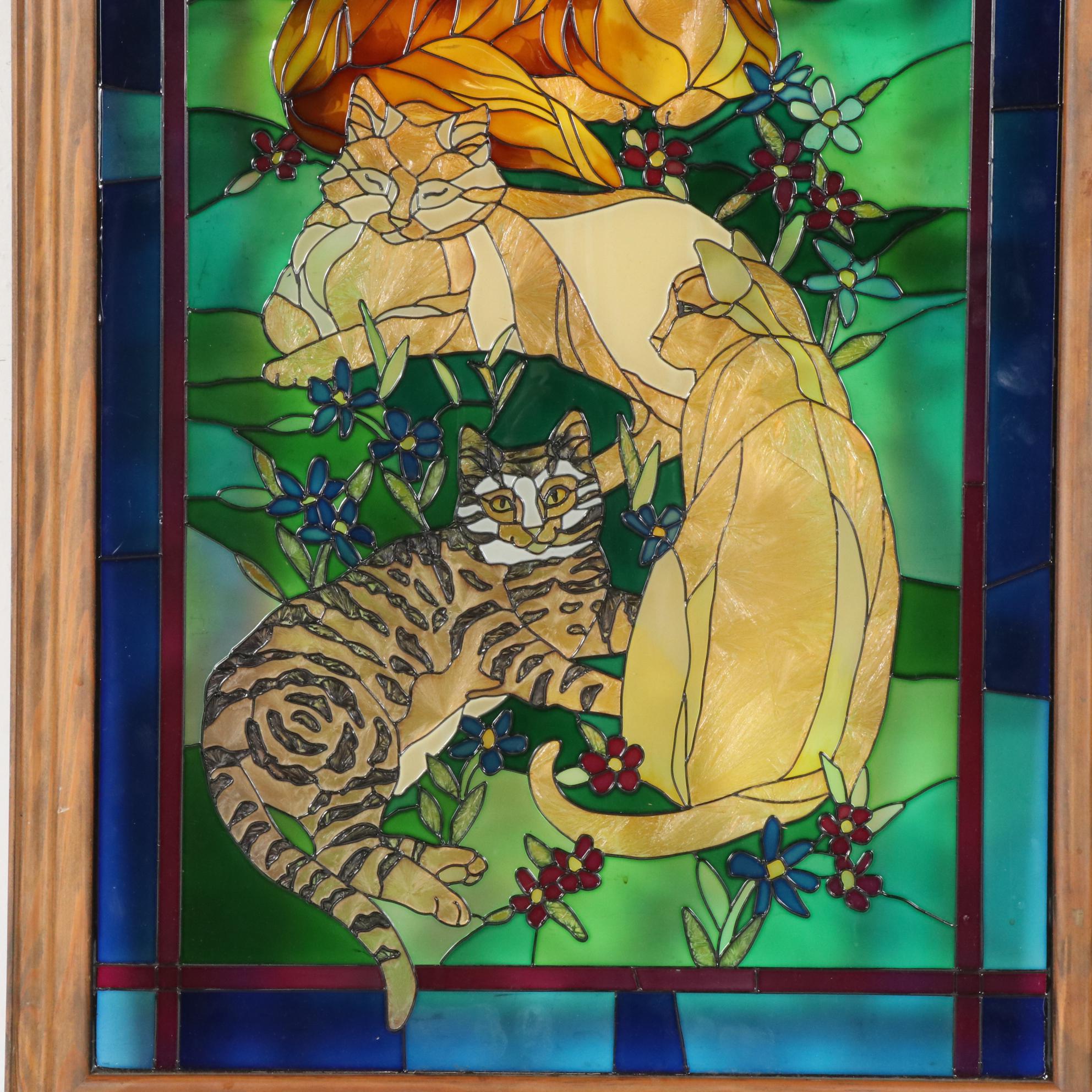Cats in a Field Stained Glass Hanging Window Panel | EBTH