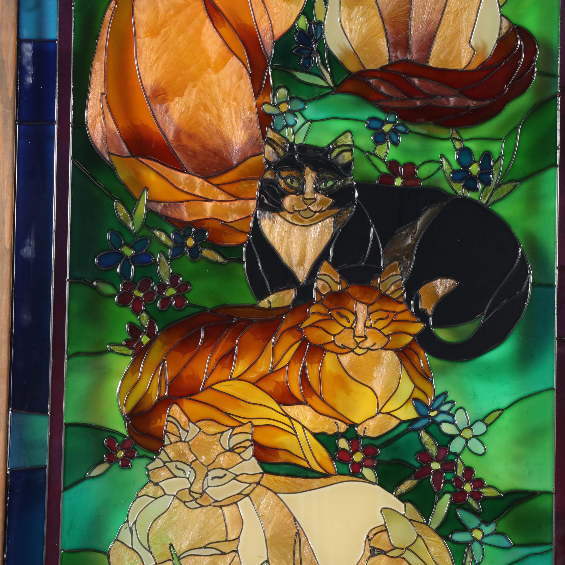 Cats in a Field Stained Glass Hanging Window Panel | EBTH