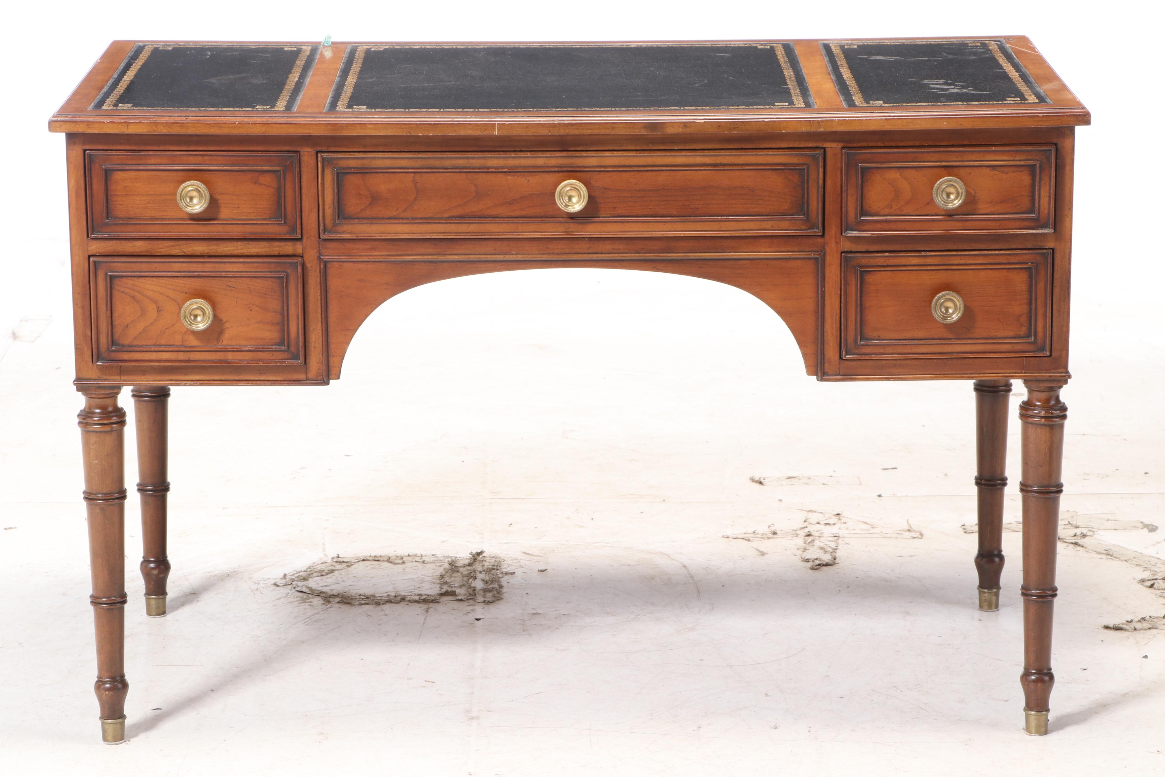 Baker Furniture Wood Desk with Caned Back Side Chair | EBTH