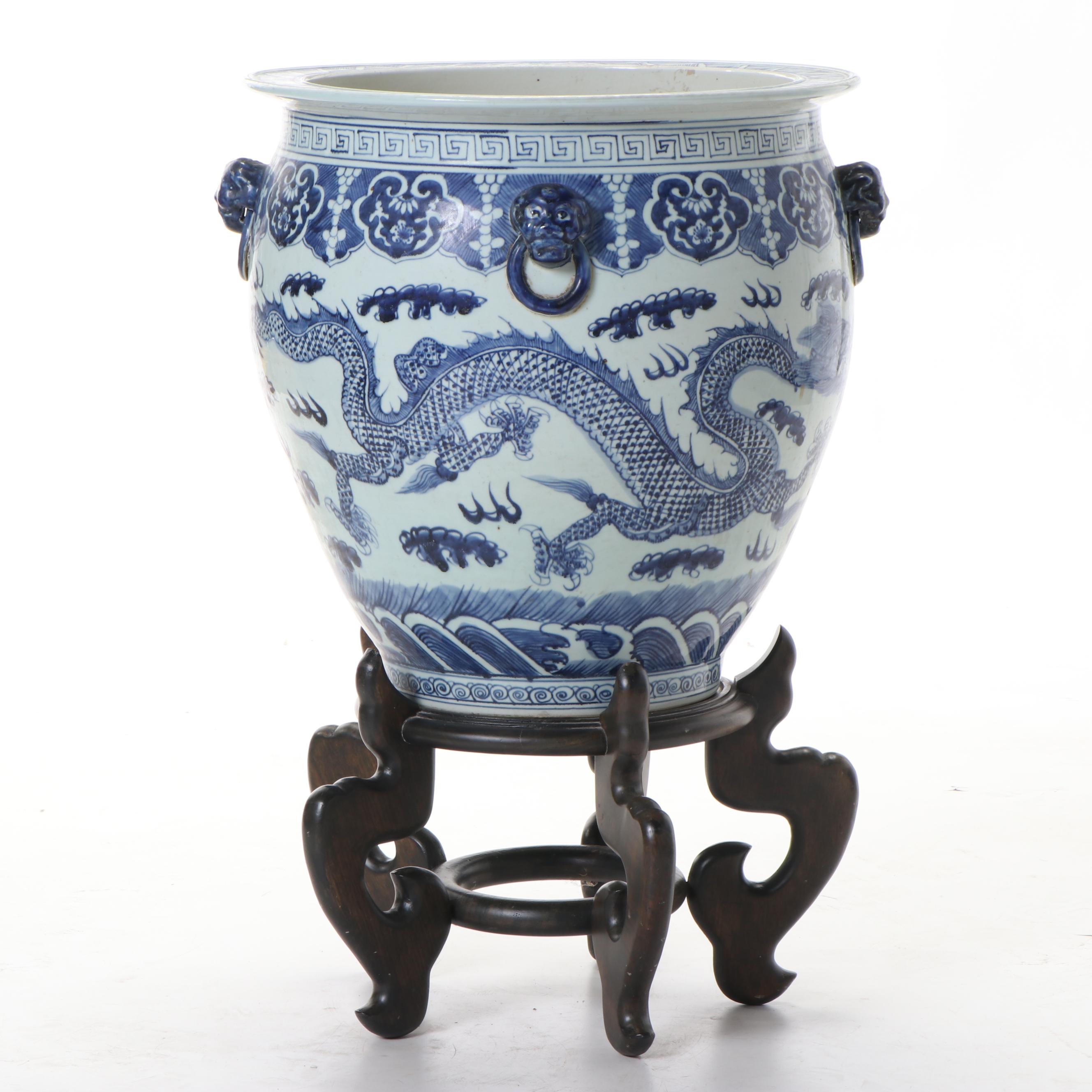 Chinese Blue and White Dragon Porcelain Fishbowl Planter with Stand | EBTH