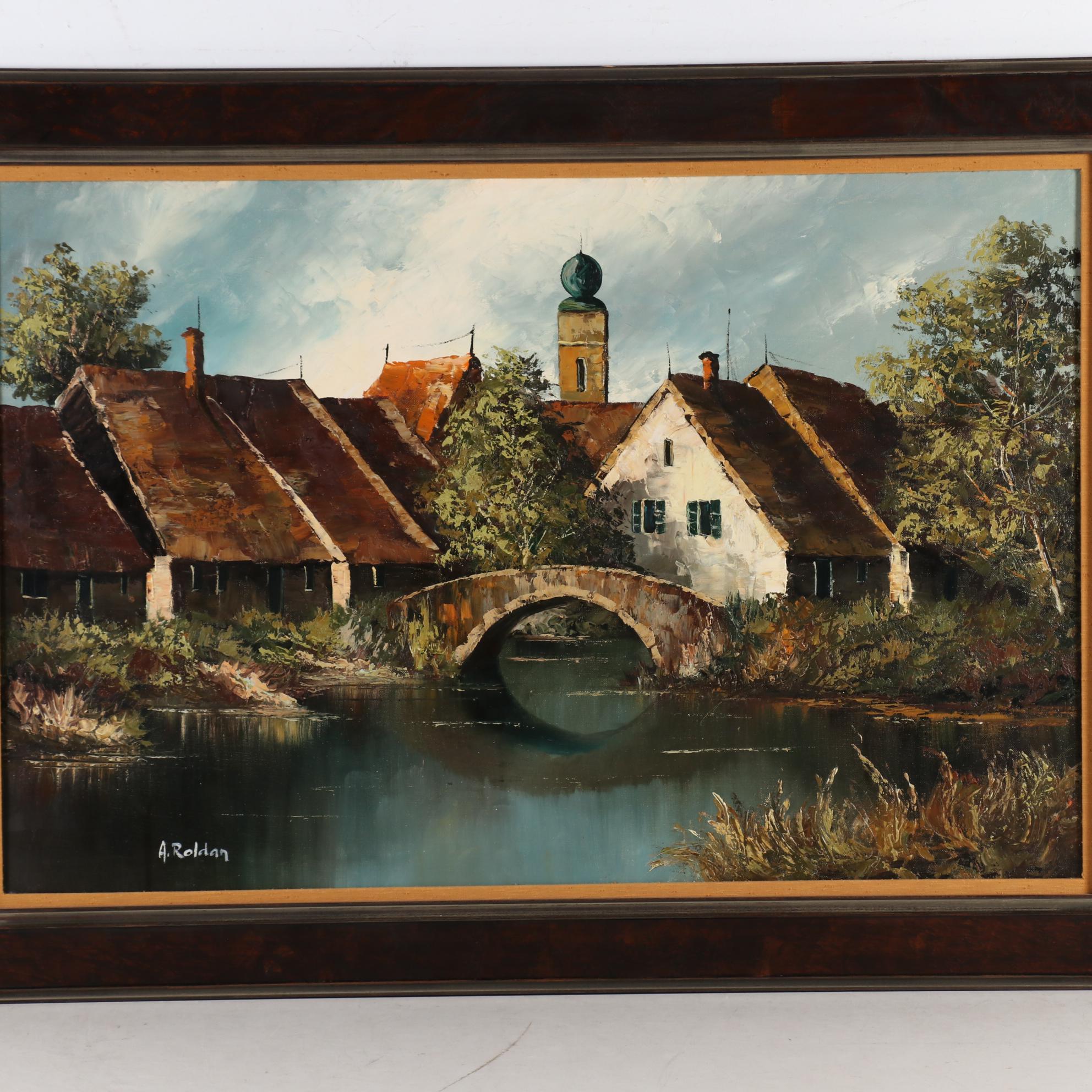 A. Roldan Oil Painting of Village River Landscape with Bridge, Late ...