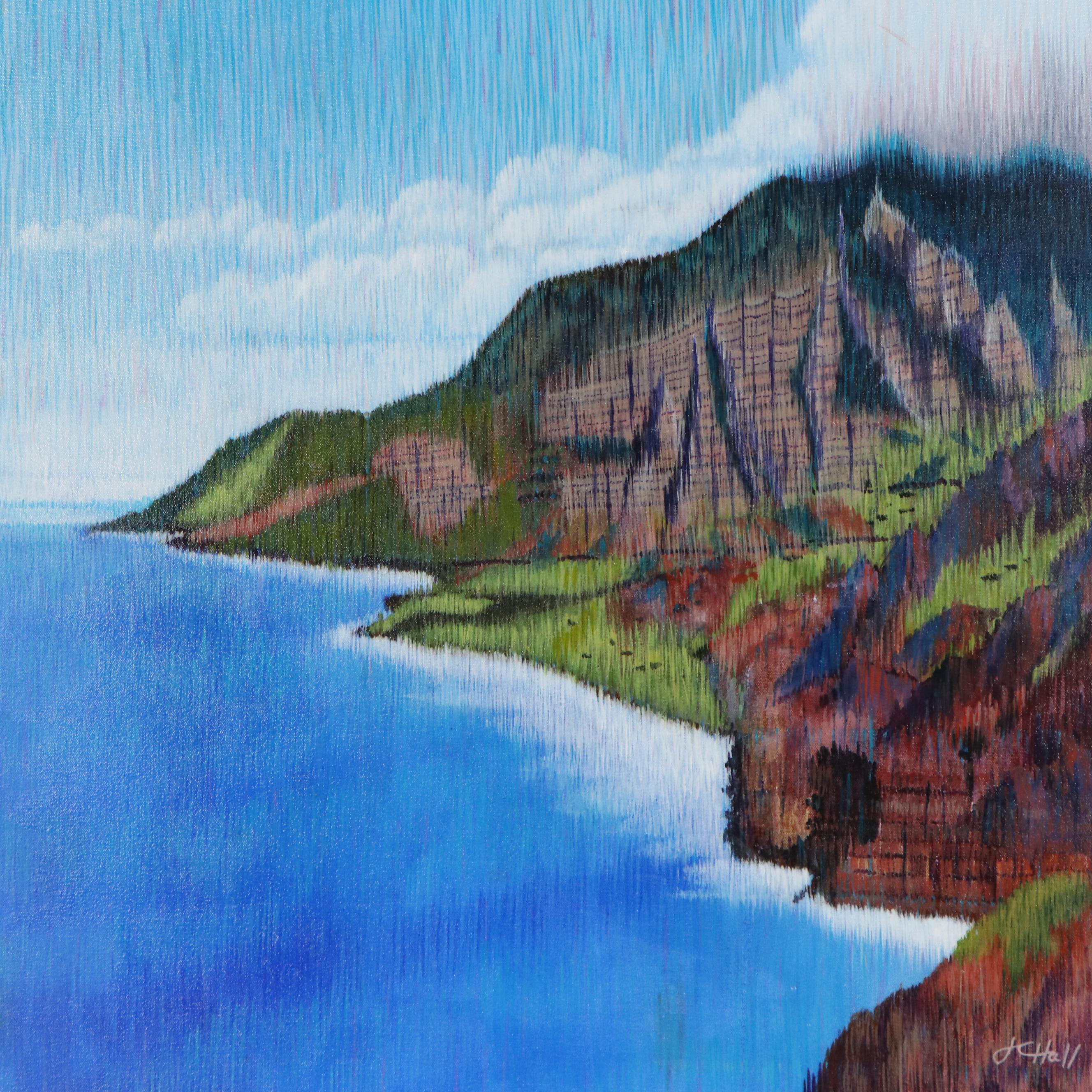 J.C. Hall Lineillist Acrylic Painting of a Coastal Scene, Late 20th ...