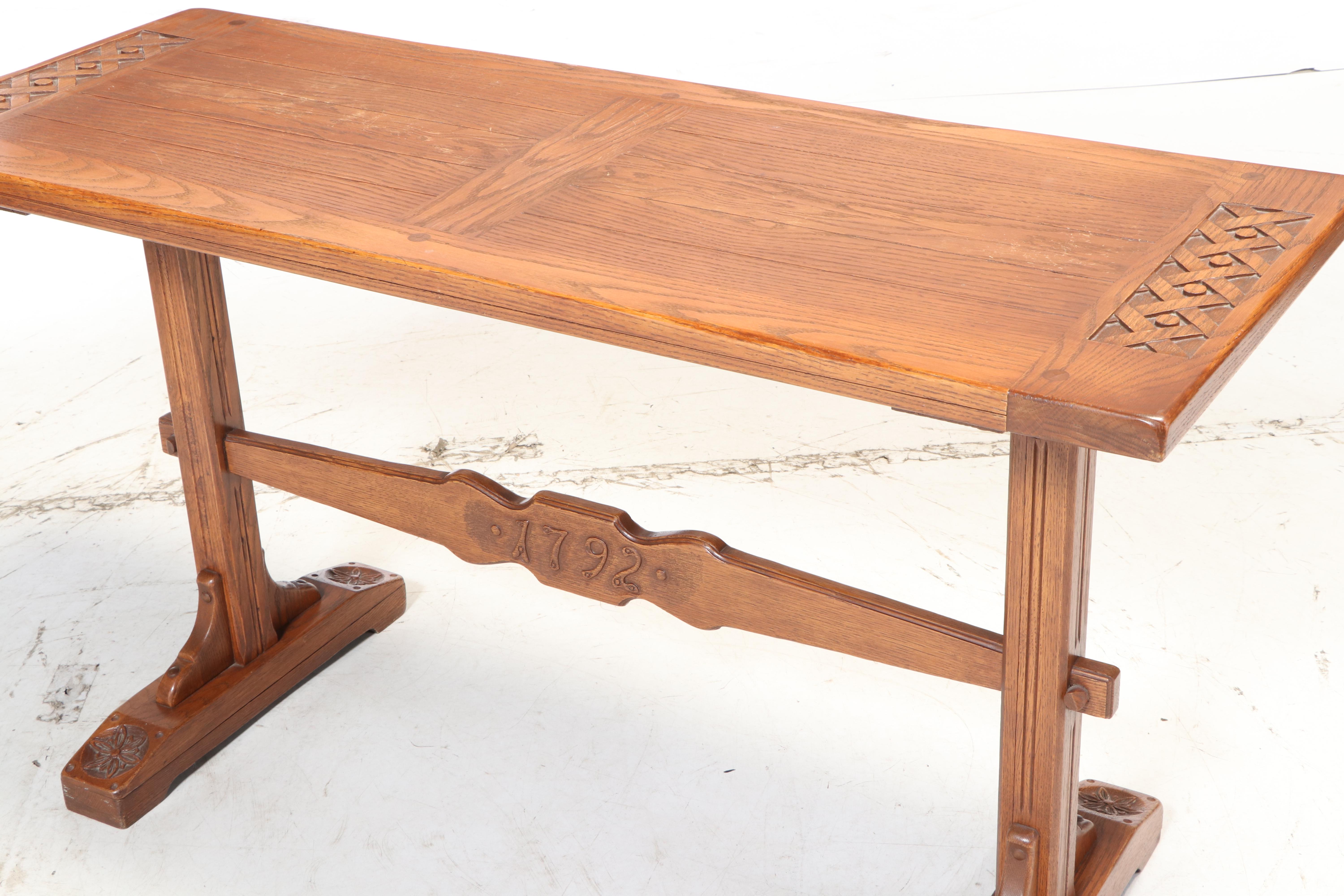 Romweber Oak Trestle-Base Console Table dated "1792", 20th Century | EBTH