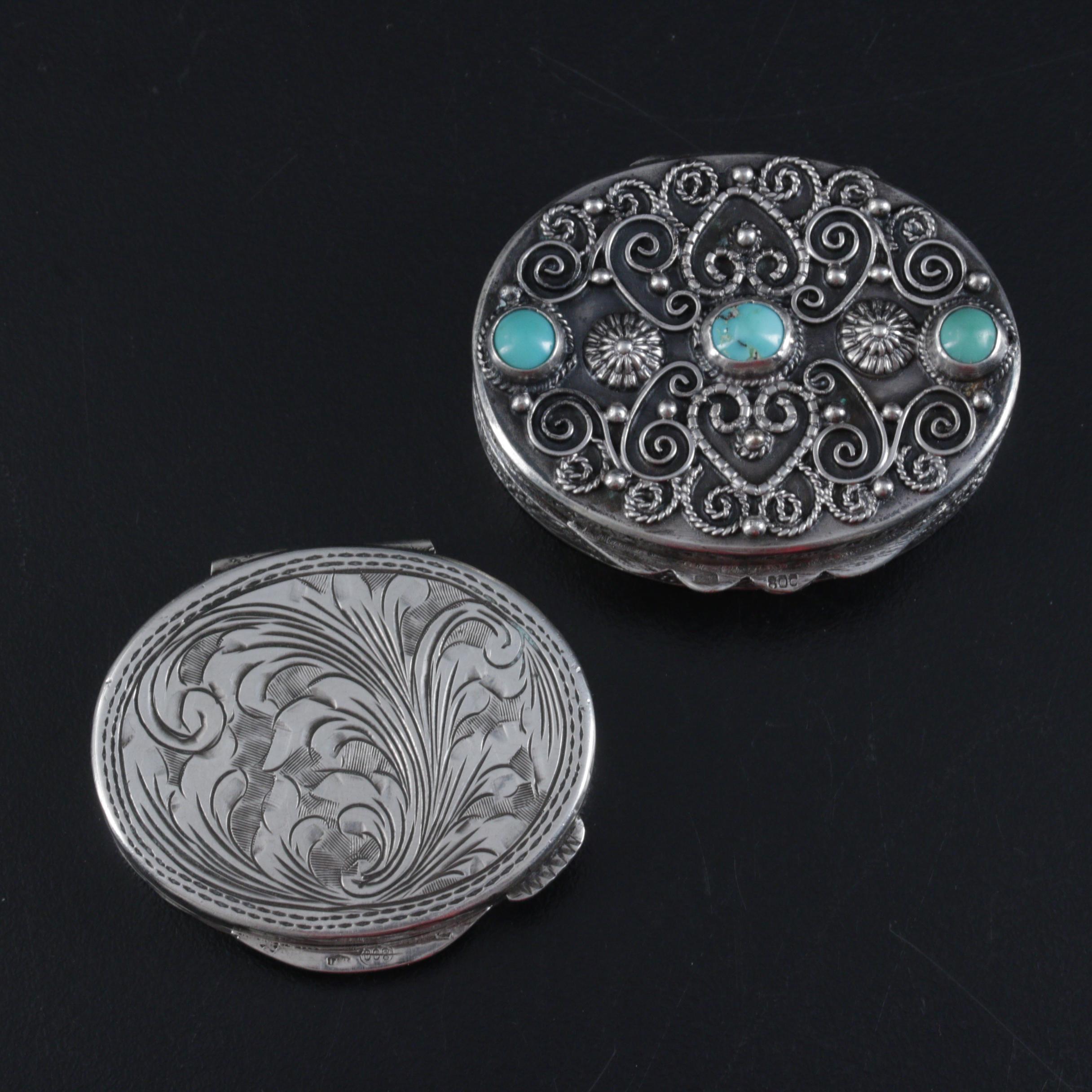 Italian 800 Silver Snuff Boxes, One with Turquoise and Wirework ...