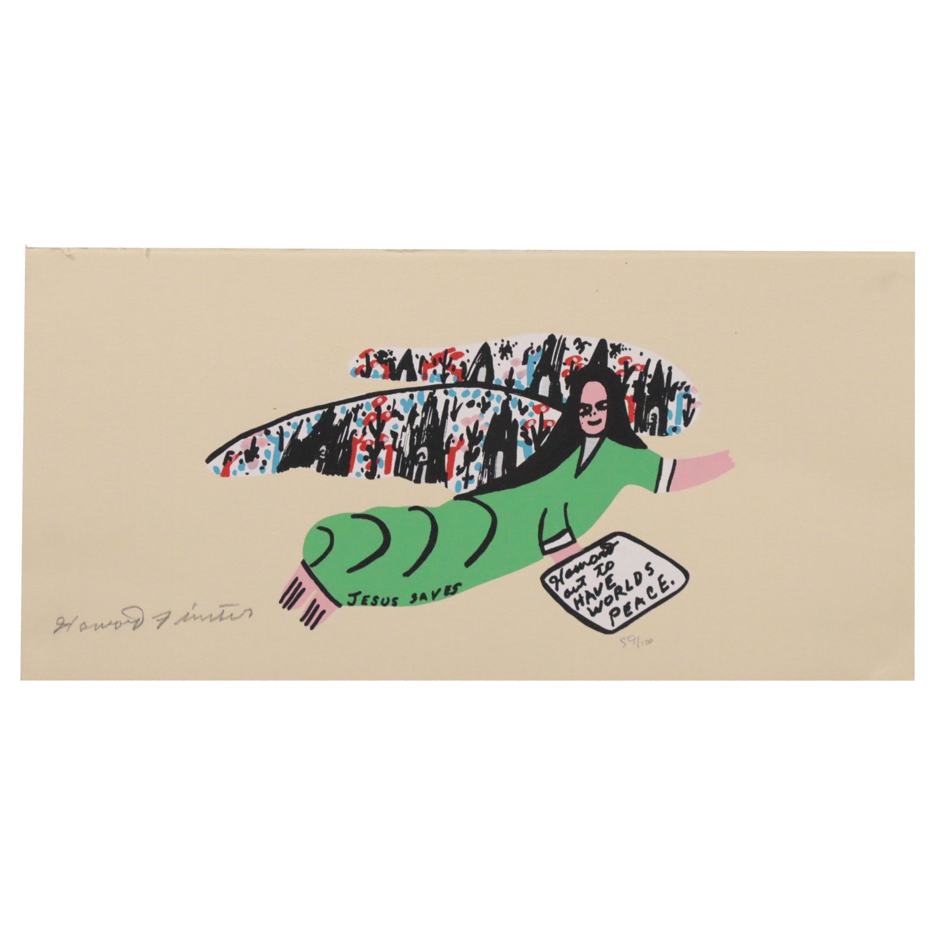 Howard Finster Serigraph of a Flying Angel | EBTH