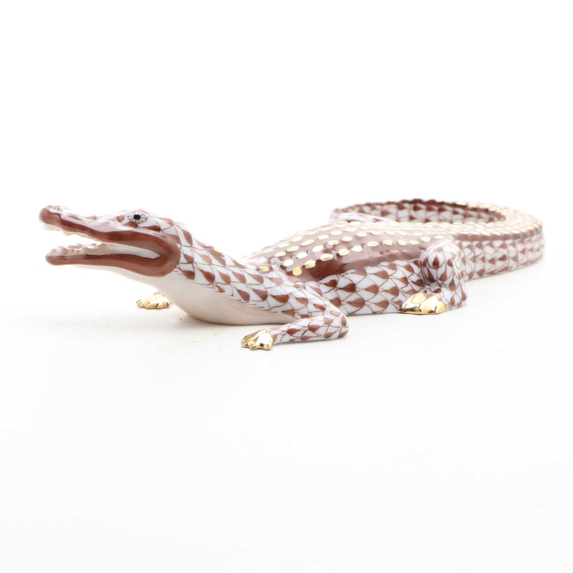 Herend Chocolate Fishnet with Gold "Alligator" Porcelain Figurine | EBTH