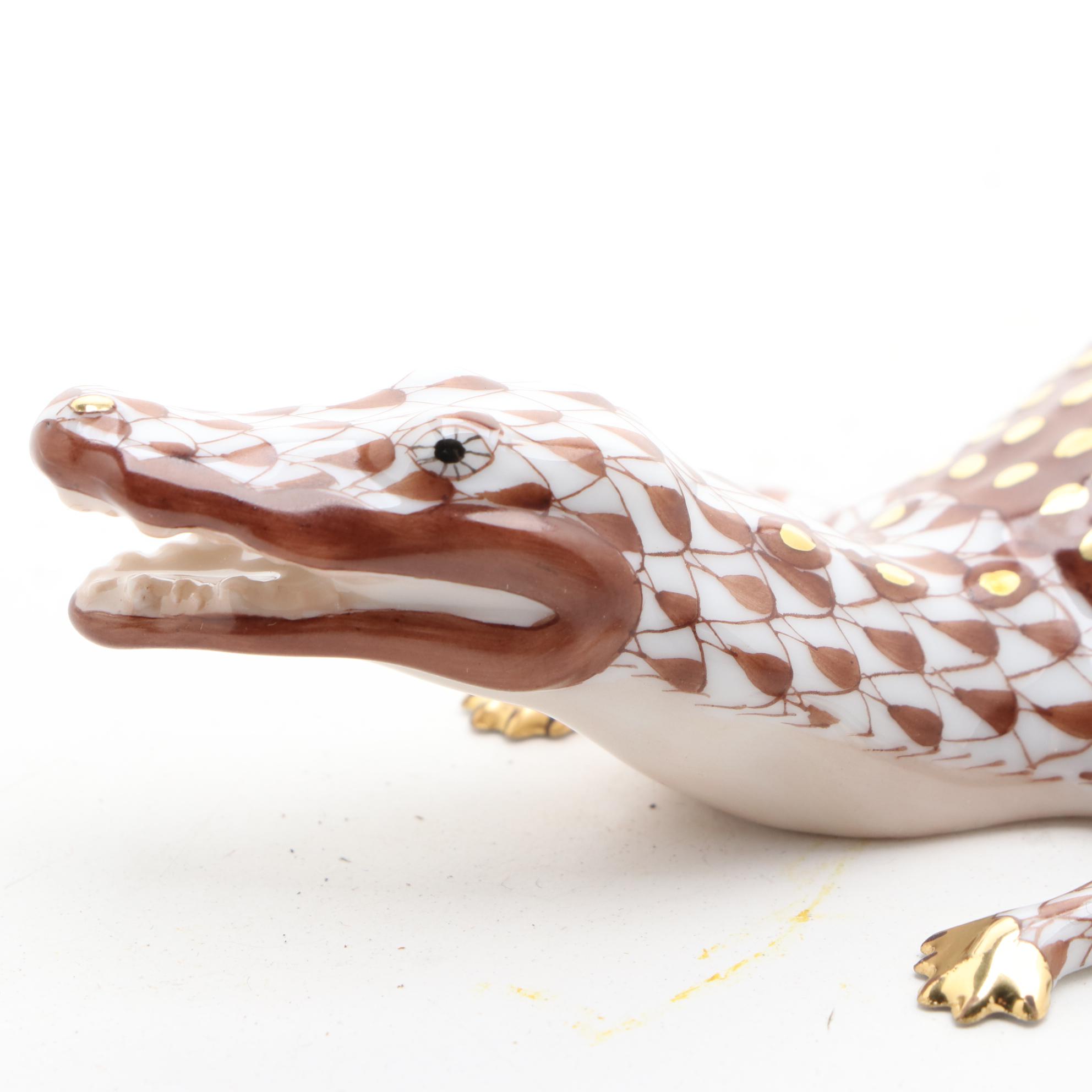 Herend Chocolate Fishnet with Gold "Alligator" Porcelain Figurine | EBTH