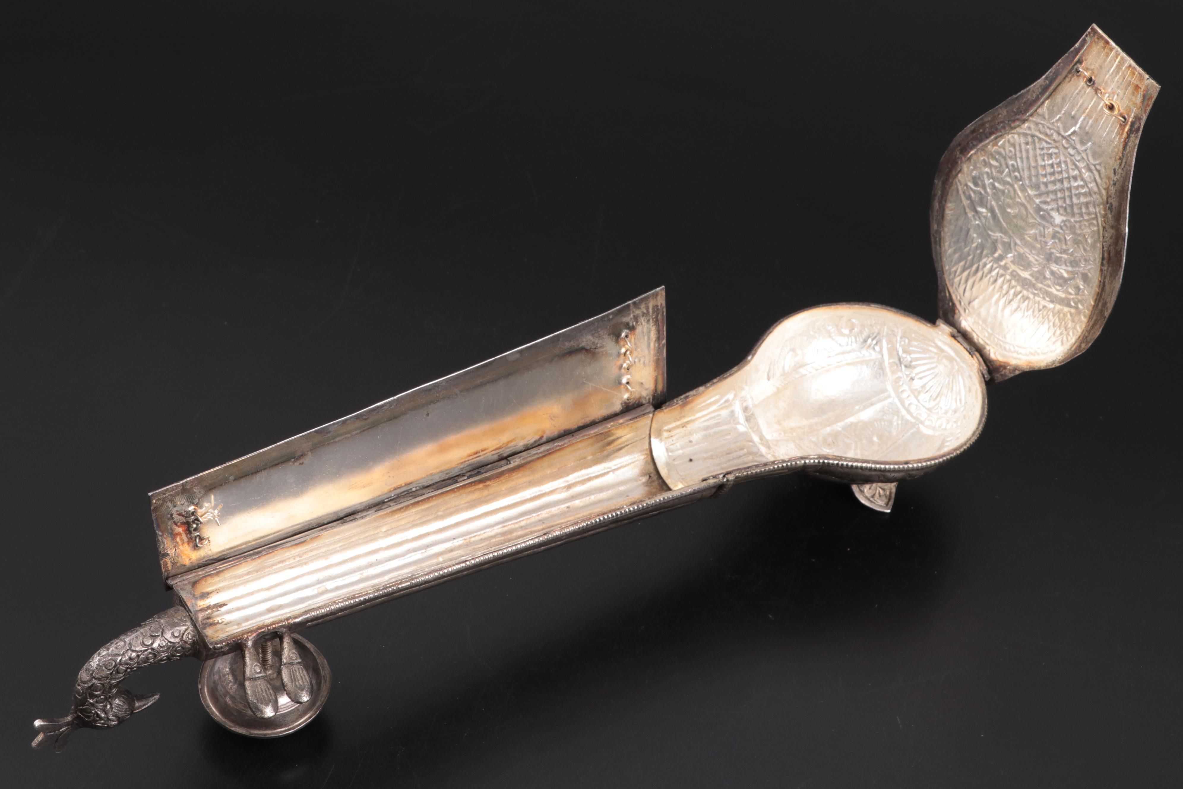 Sitar Shaped Metal Perfume Box with Pressed Metal Embellished Orbs ...