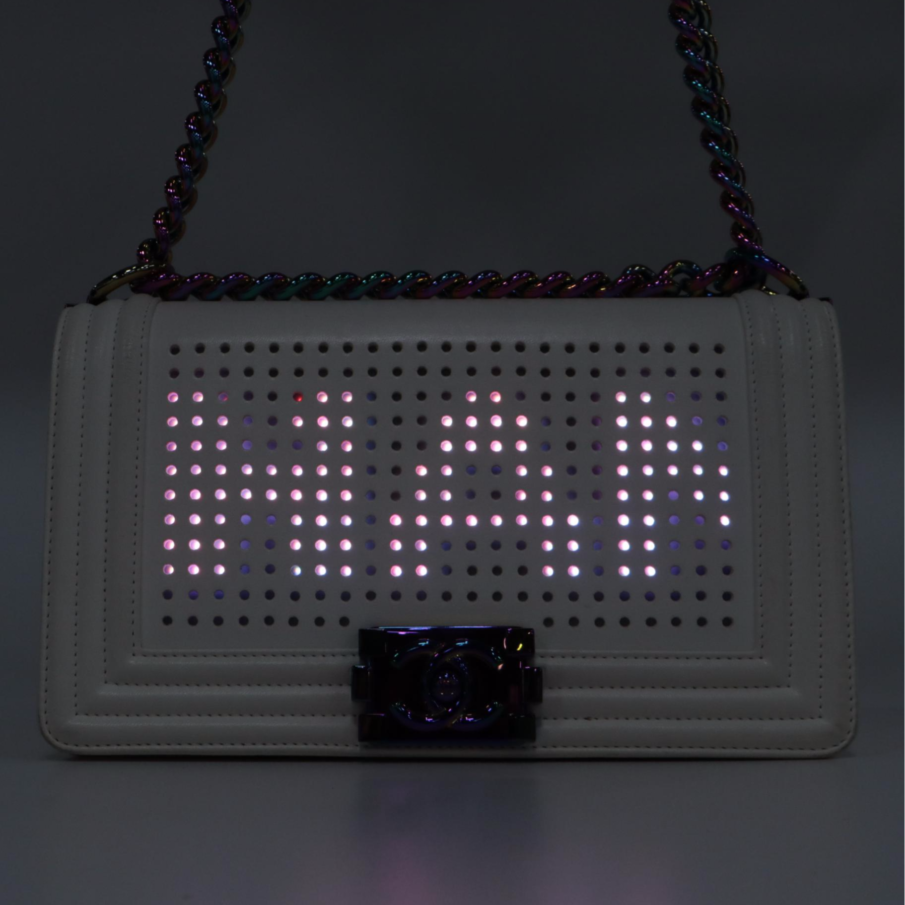 Chanel LED Boy Bag in White Perforated Lambskin and Iridescent Hardware ...