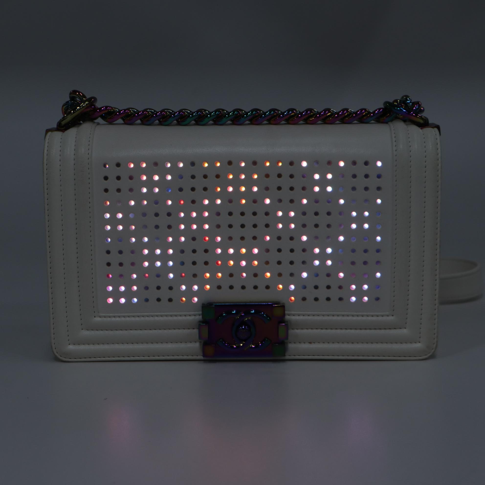 Chanel LED Boy Bag in White Perforated Lambskin and Iridescent Hardware ...