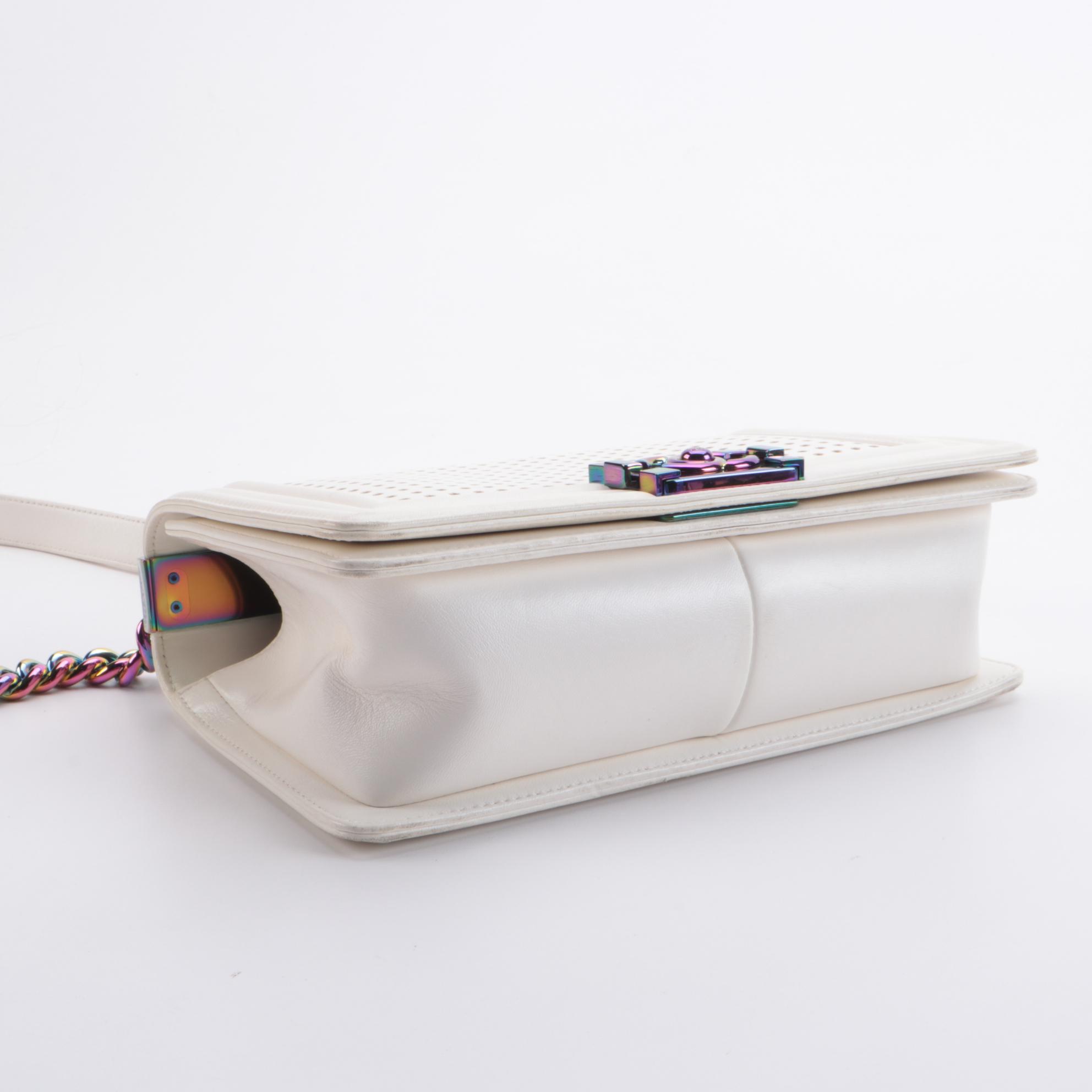 Chanel LED Boy Bag in White Perforated Lambskin and Iridescent Hardware ...