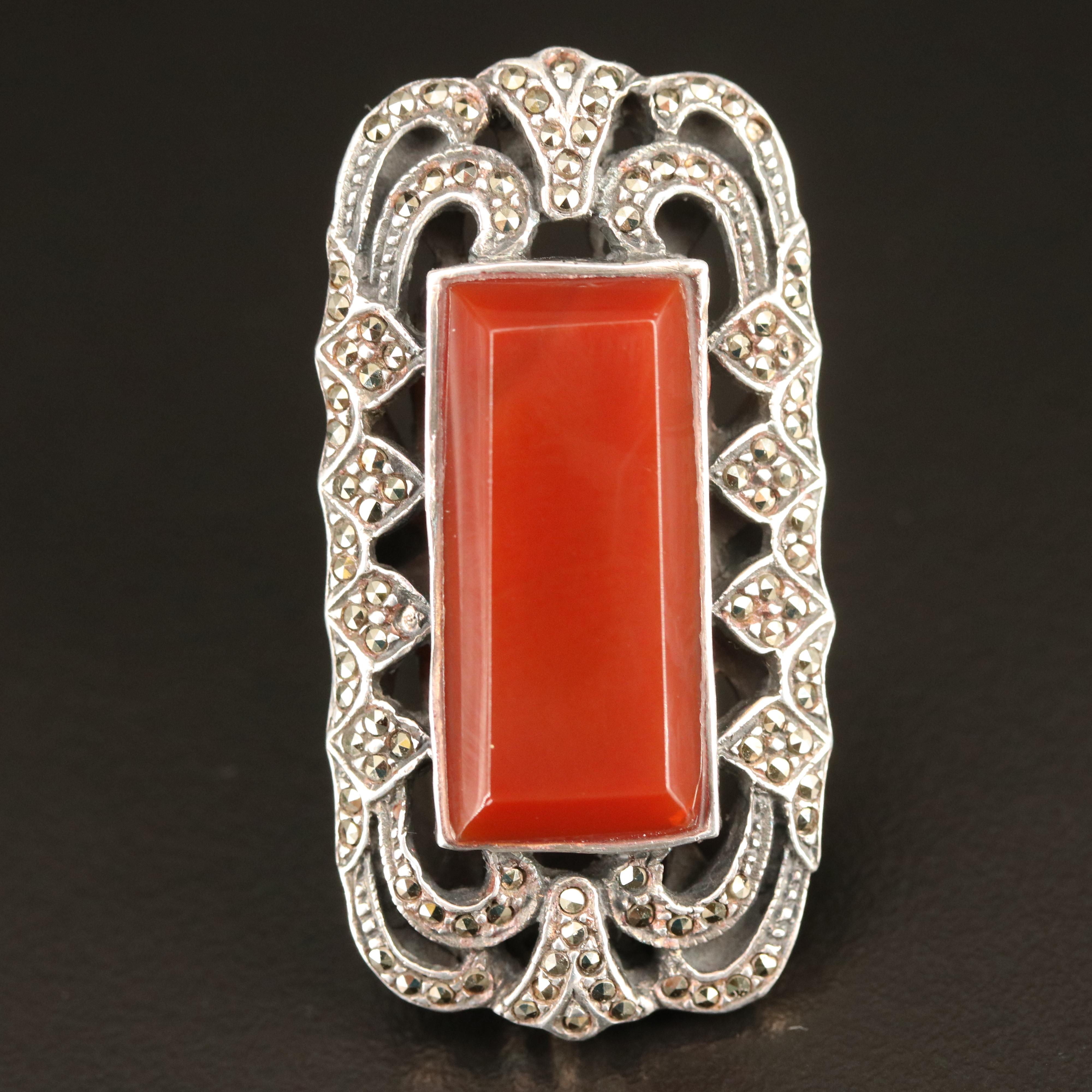 Sterling Silver Sard and Marcasite Statement Ring | EBTH