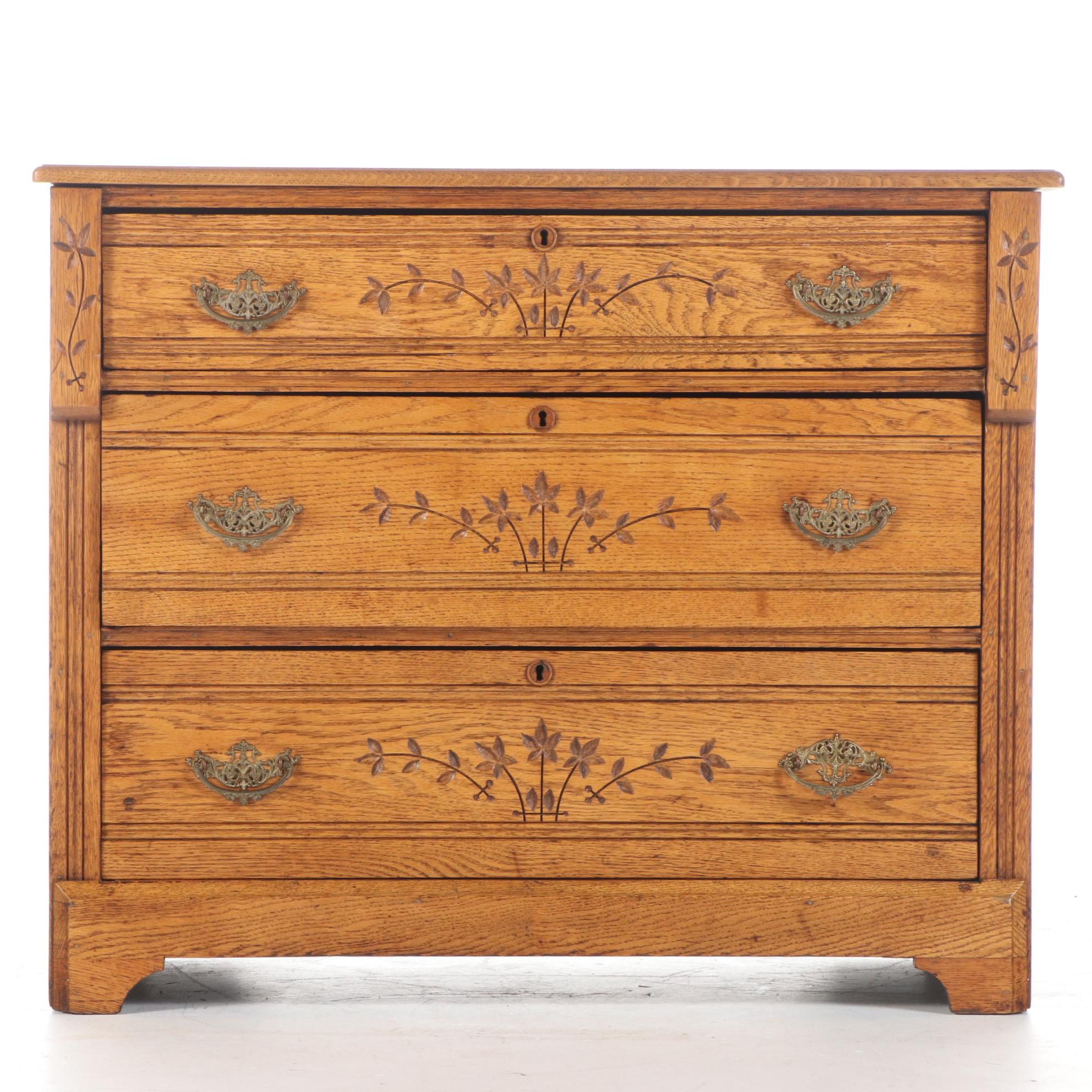 Aesthetic Movement Oak Carved Chest of Drawers, Late 19th Century | EBTH