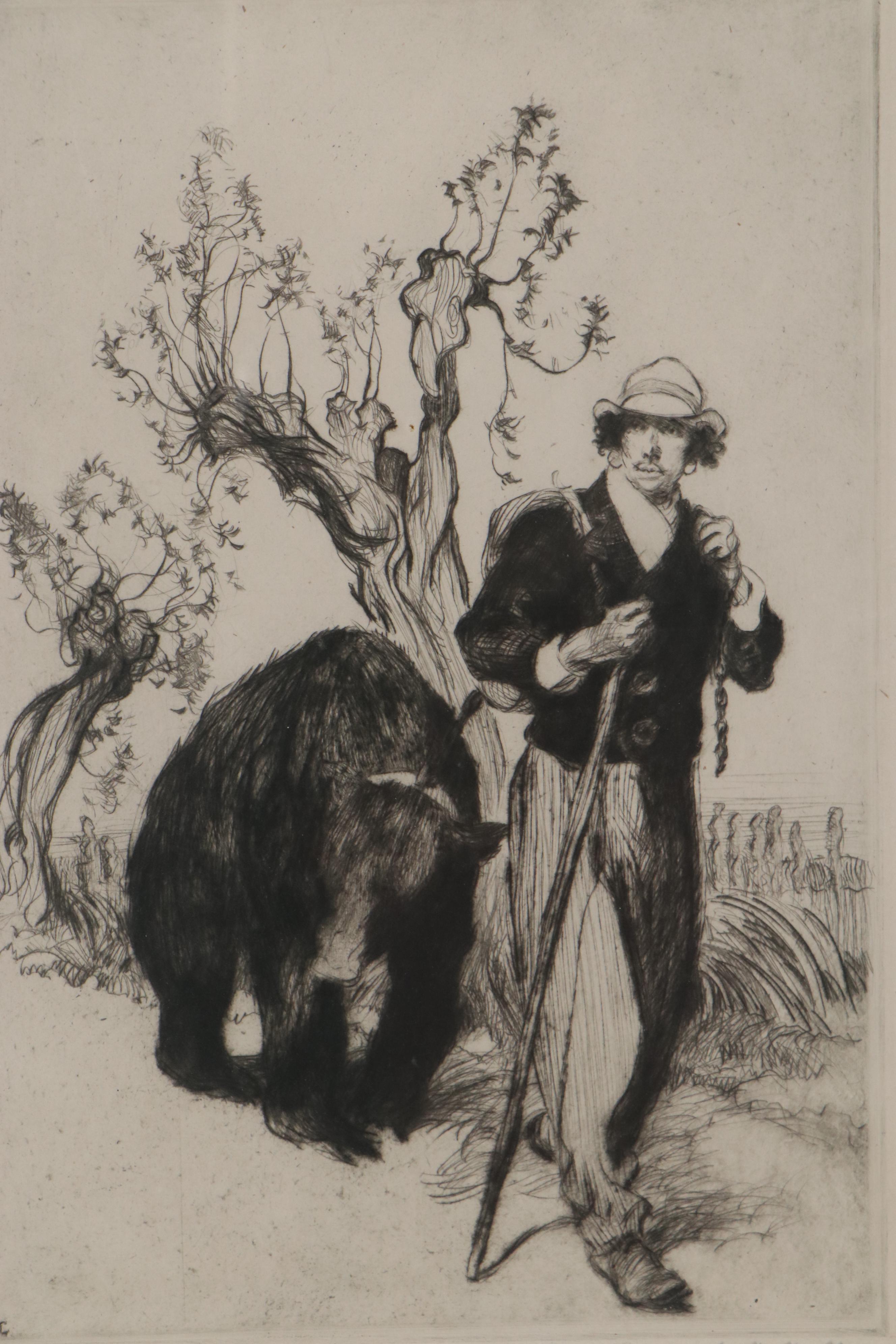 Edward Frank Gillett Etching of Man with Bear, Early 20th Century | EBTH