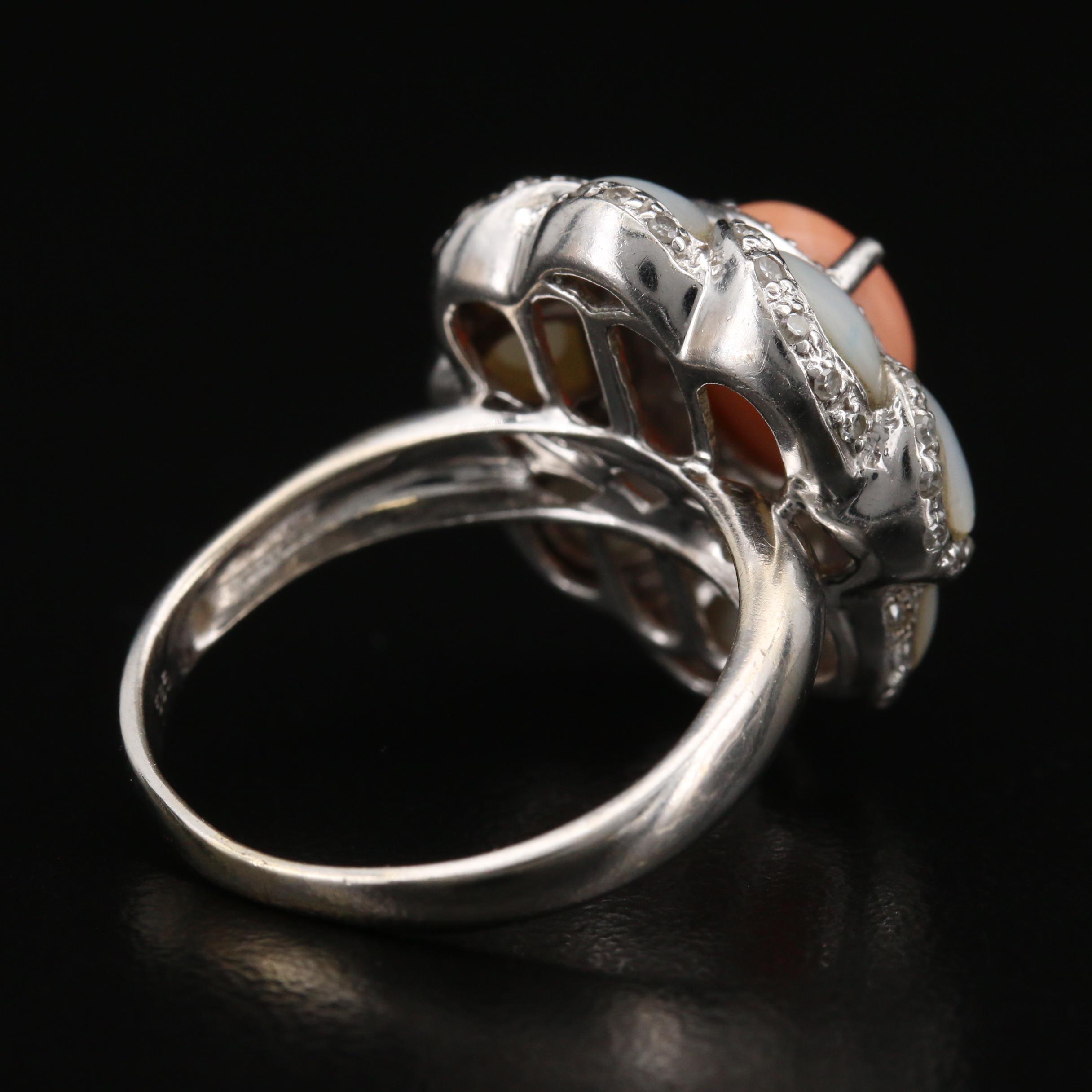 14K Coral, Diamond and Gemstone Floral Inlay Ring | EBTH