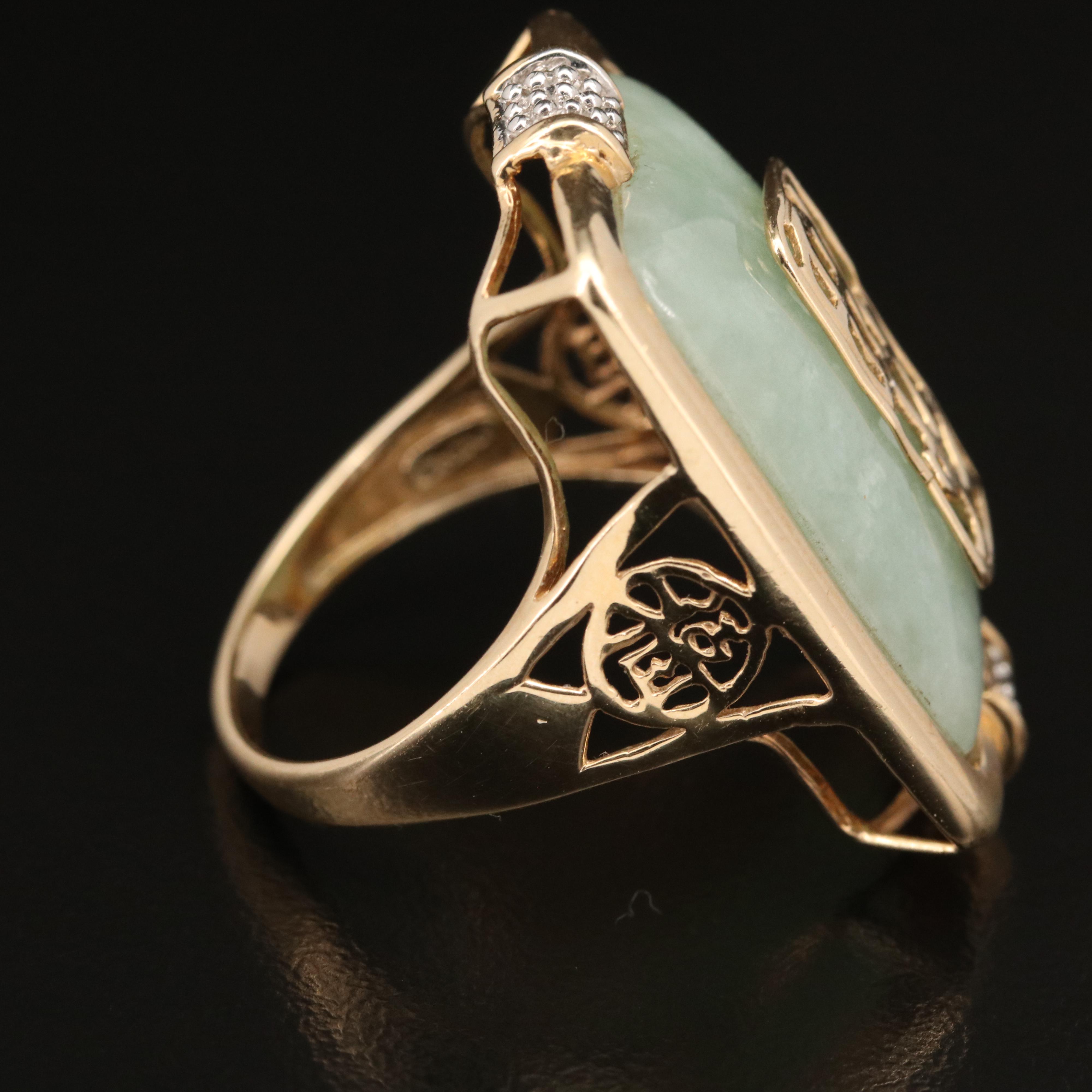 Chinese Stylized 14K Jadeite Good Luck Ring | EBTH