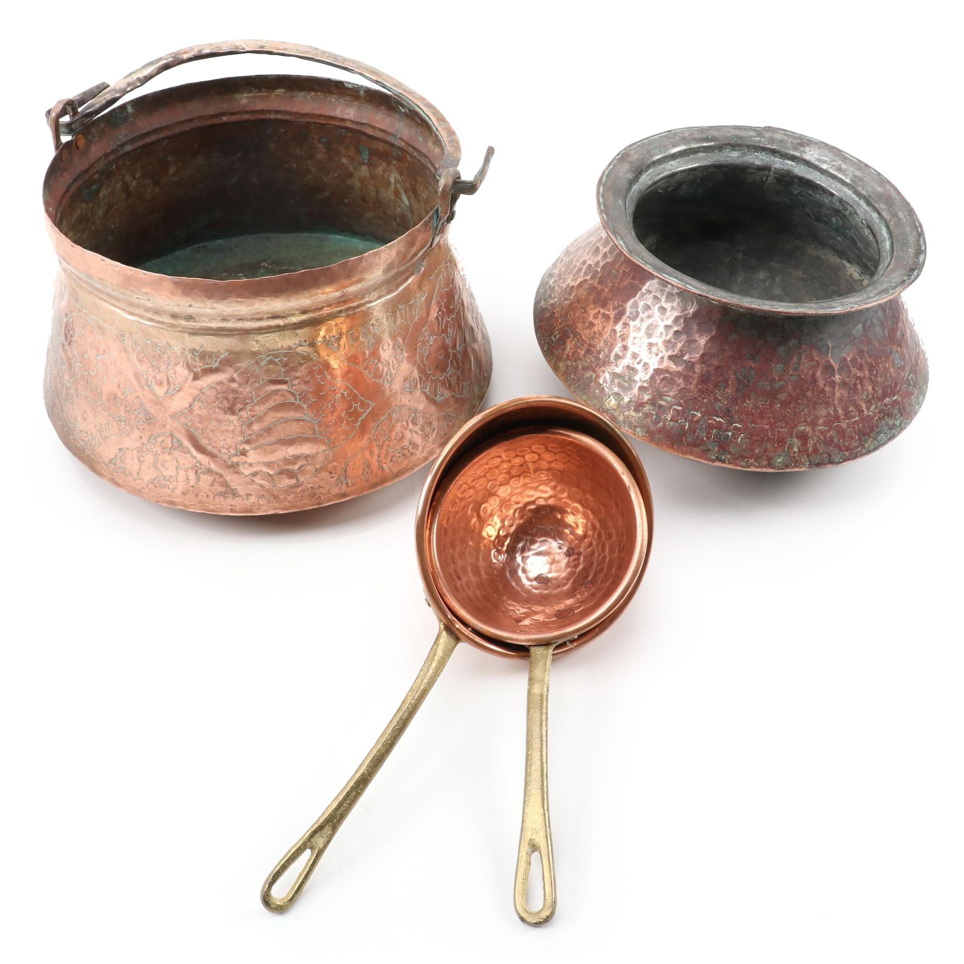 Hammered and Chased Copper Cauldron, Pot, and Ladles, 20th Century | EBTH