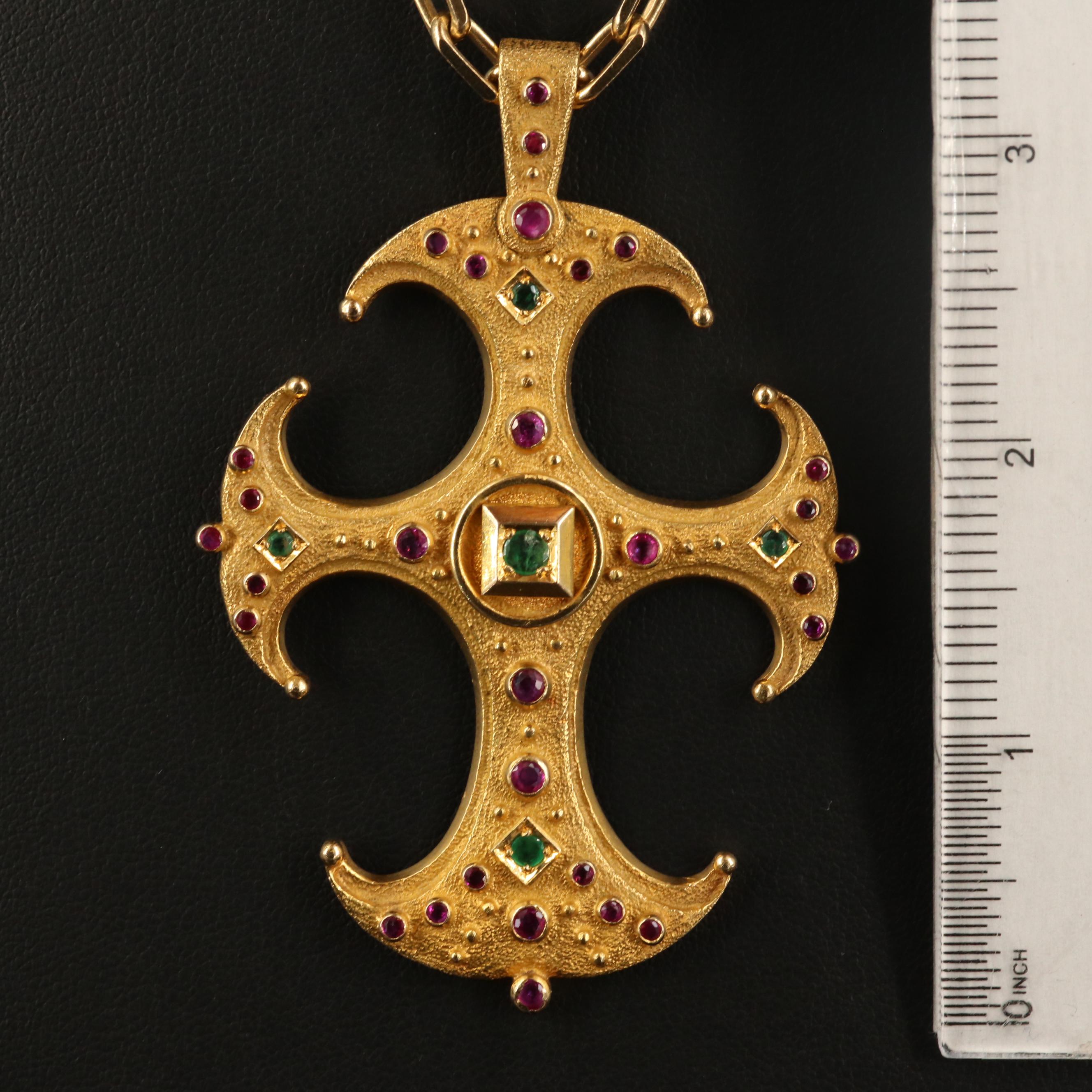 Greek 18K Emerald and Ruby Cercelée Cross Necklace | EBTH