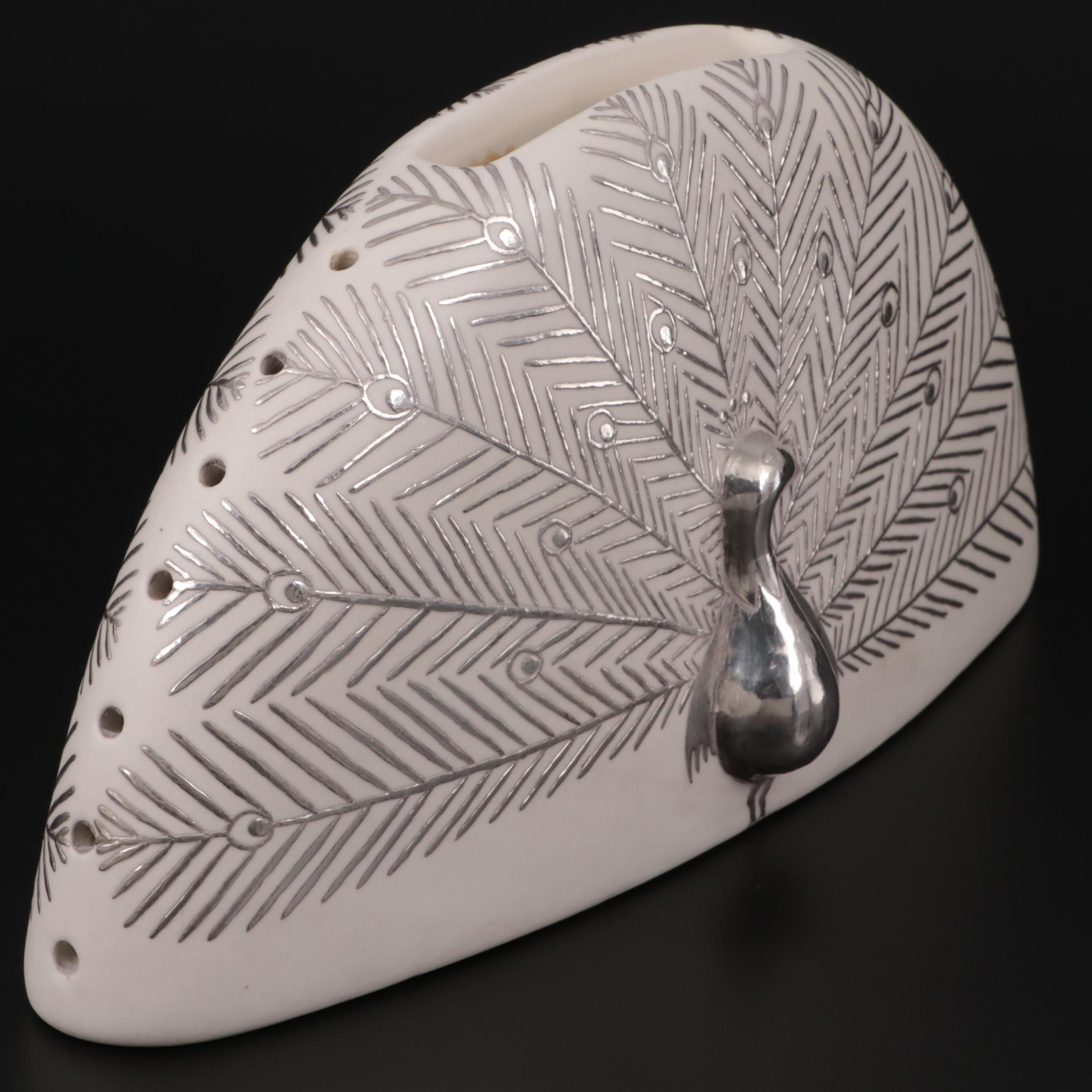 Emilia Castillo Sterling Silver Overlaid Ceramic Peacock Floral Frog | EBTH