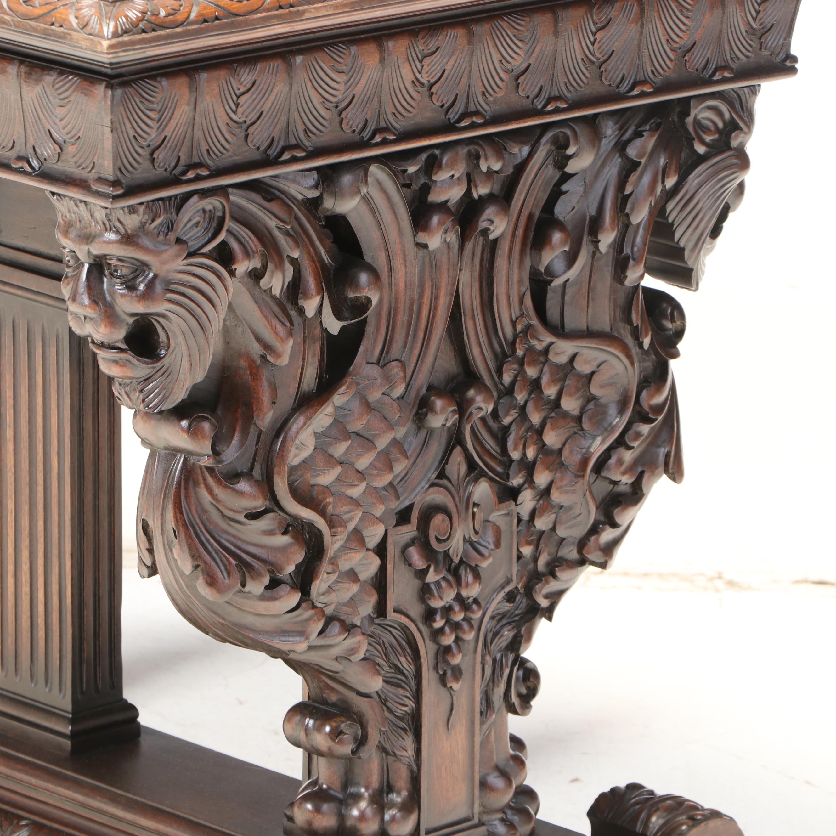 Renaissance Revival Carved Walnut and Variegated Black Marble Console ...