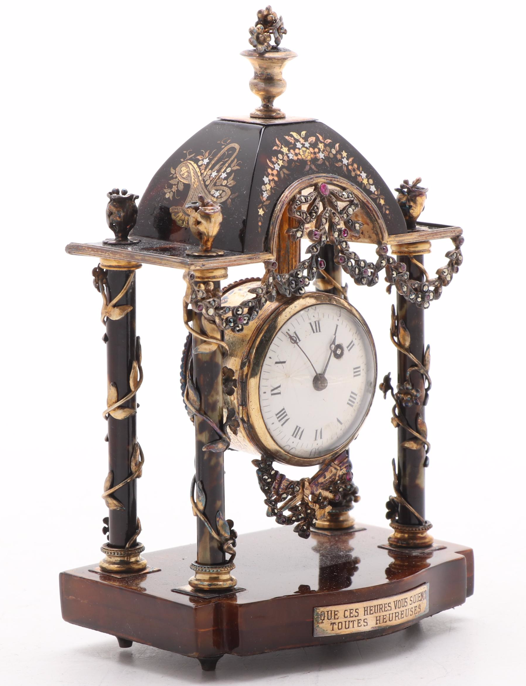 French Neoclassical Style Tortoise Shell and Gemstone Inlay Desk Clock ...